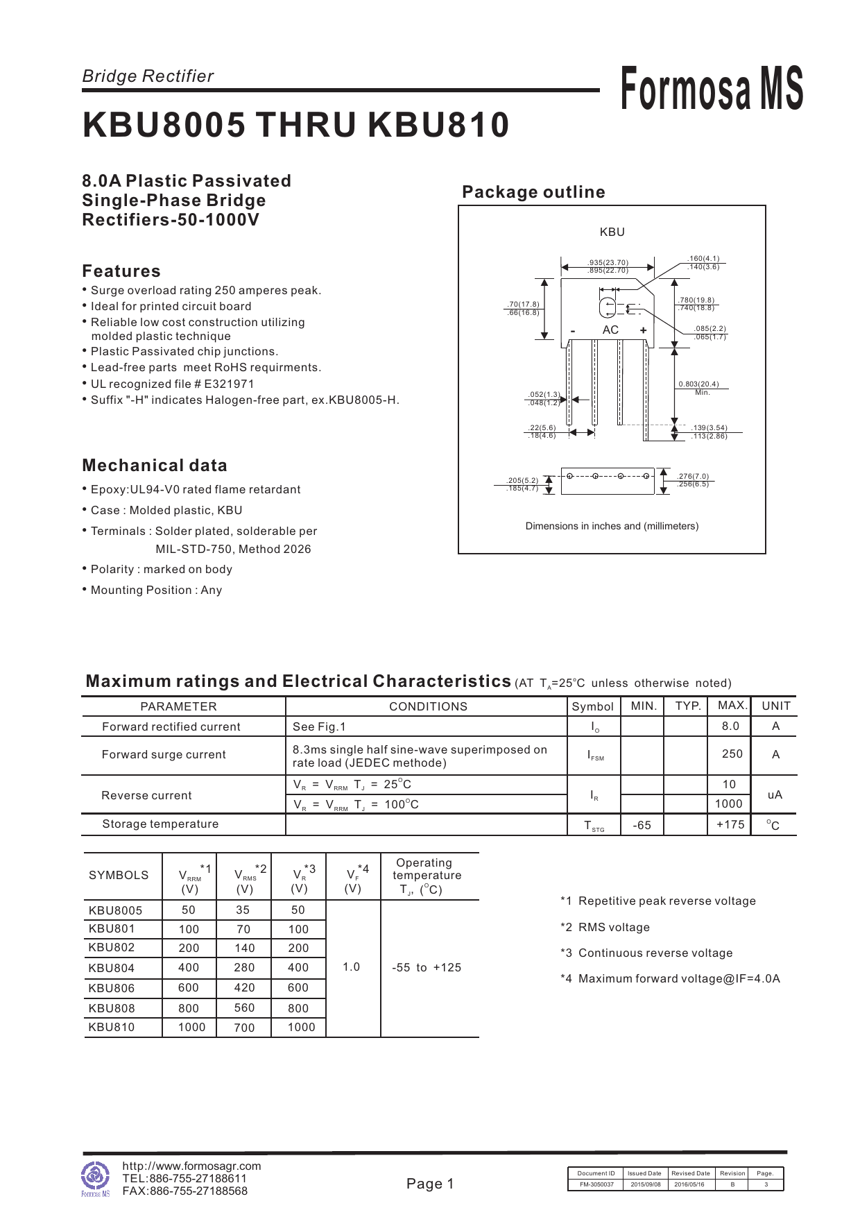 KBU810_（FMS(台湾美丽微)）KBU810中文资料_价格_PDF手册-立创电子商城