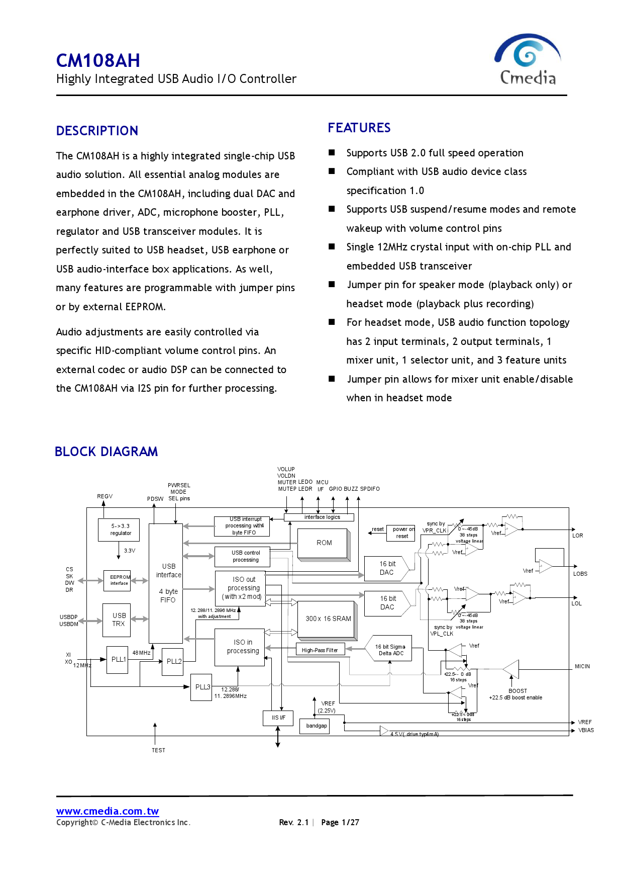 CM108AH_（Cmedia(骅讯)）CM108AH中文资料_价格_PDF手册-立创电子商城