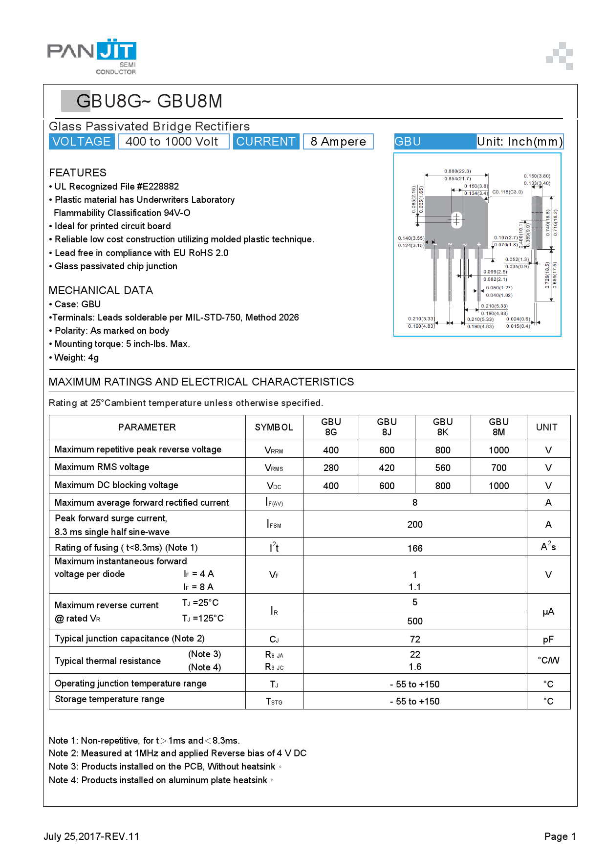 GBU8K_B0_100A2_（PANJIT(强茂)）GBU8K_B0_100A2中文资料_价格_PDF手册-立创电子商城