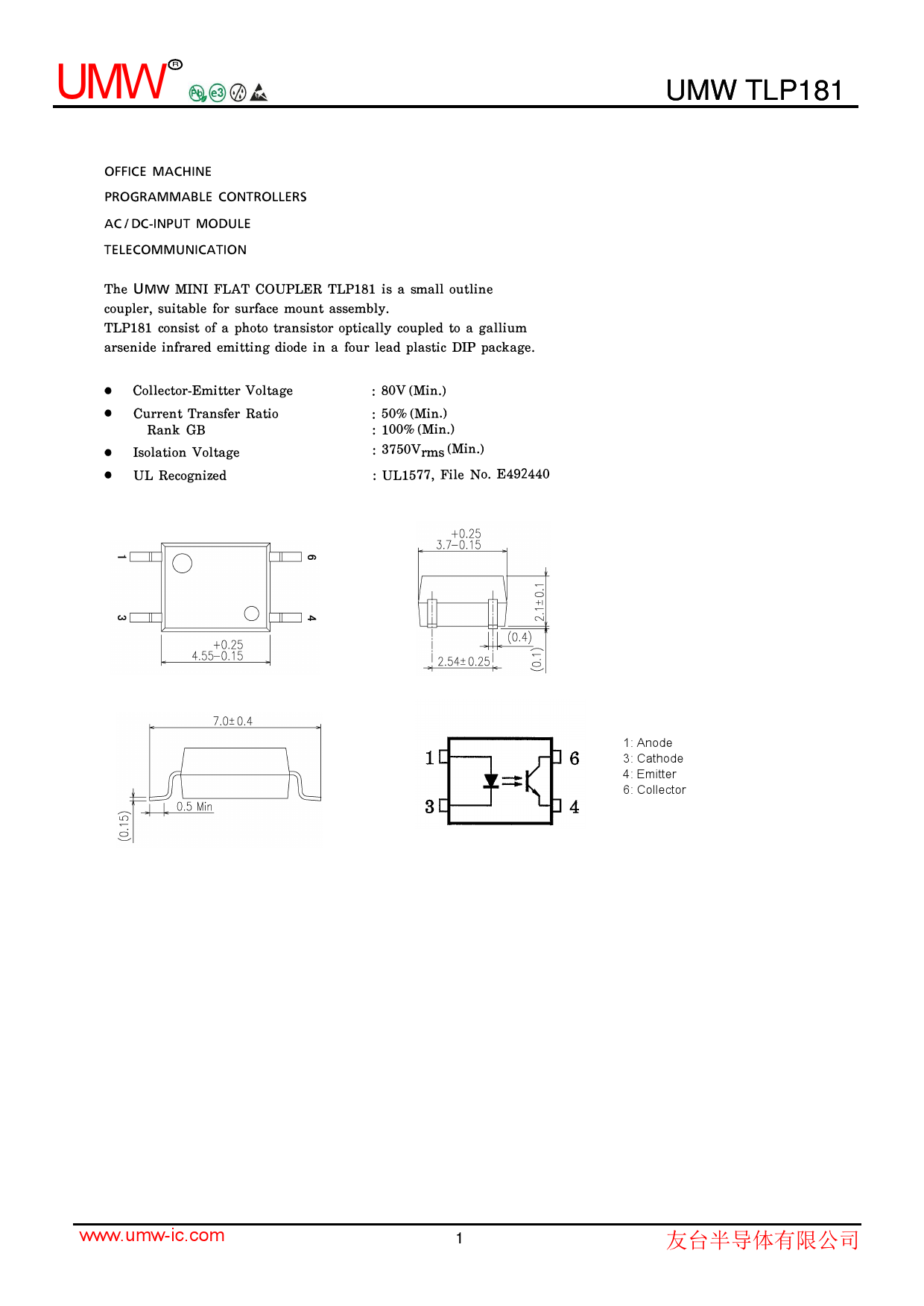 TLP181GB-S_（UMW(友台半导体)）TLP181GB-S中文资料_价格_PDF手册-立创电子商城
