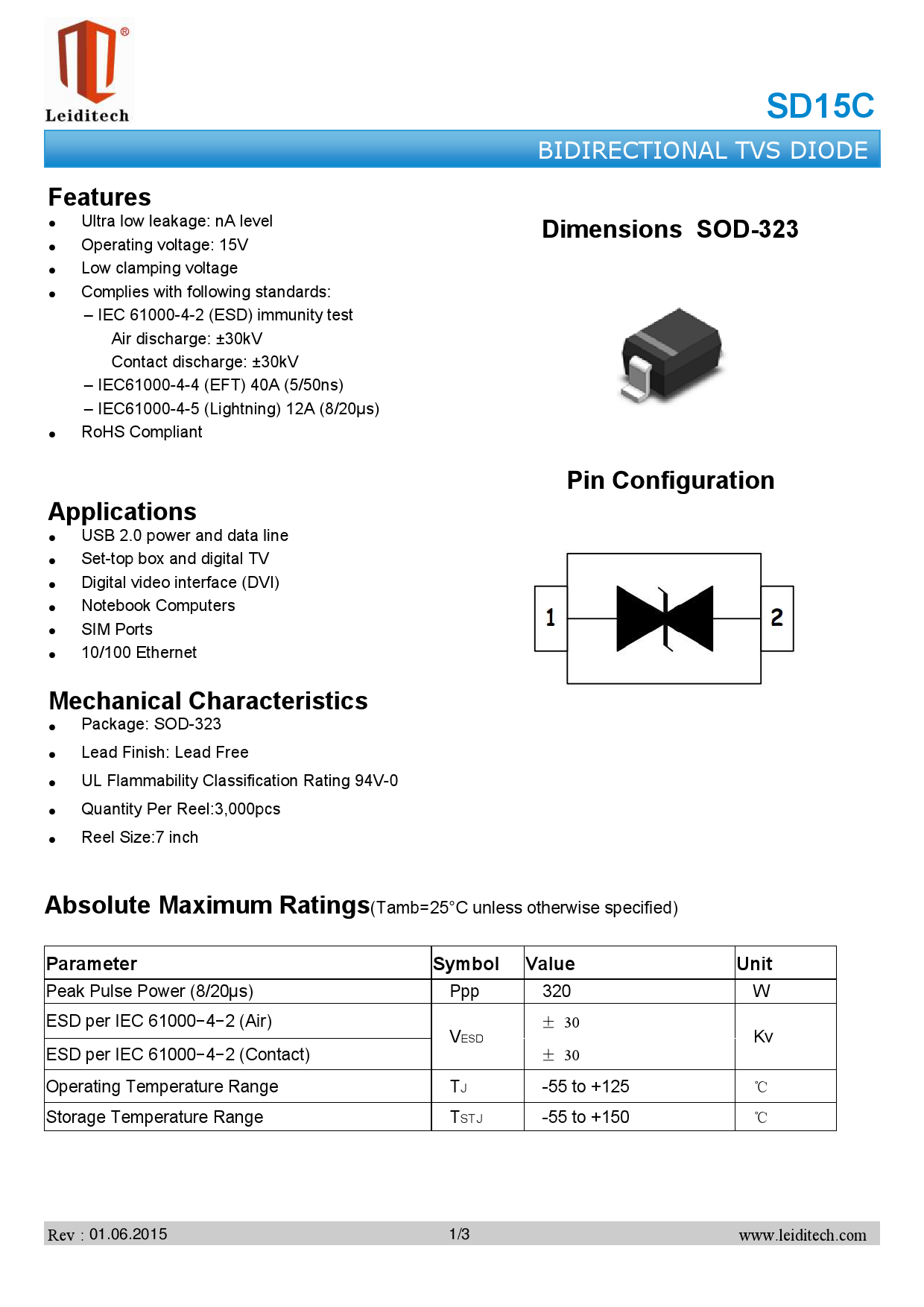 SD15C_（Leiditech(雷卯电子)）SD15C中文资料_价格_PDF手册-立创电子商城