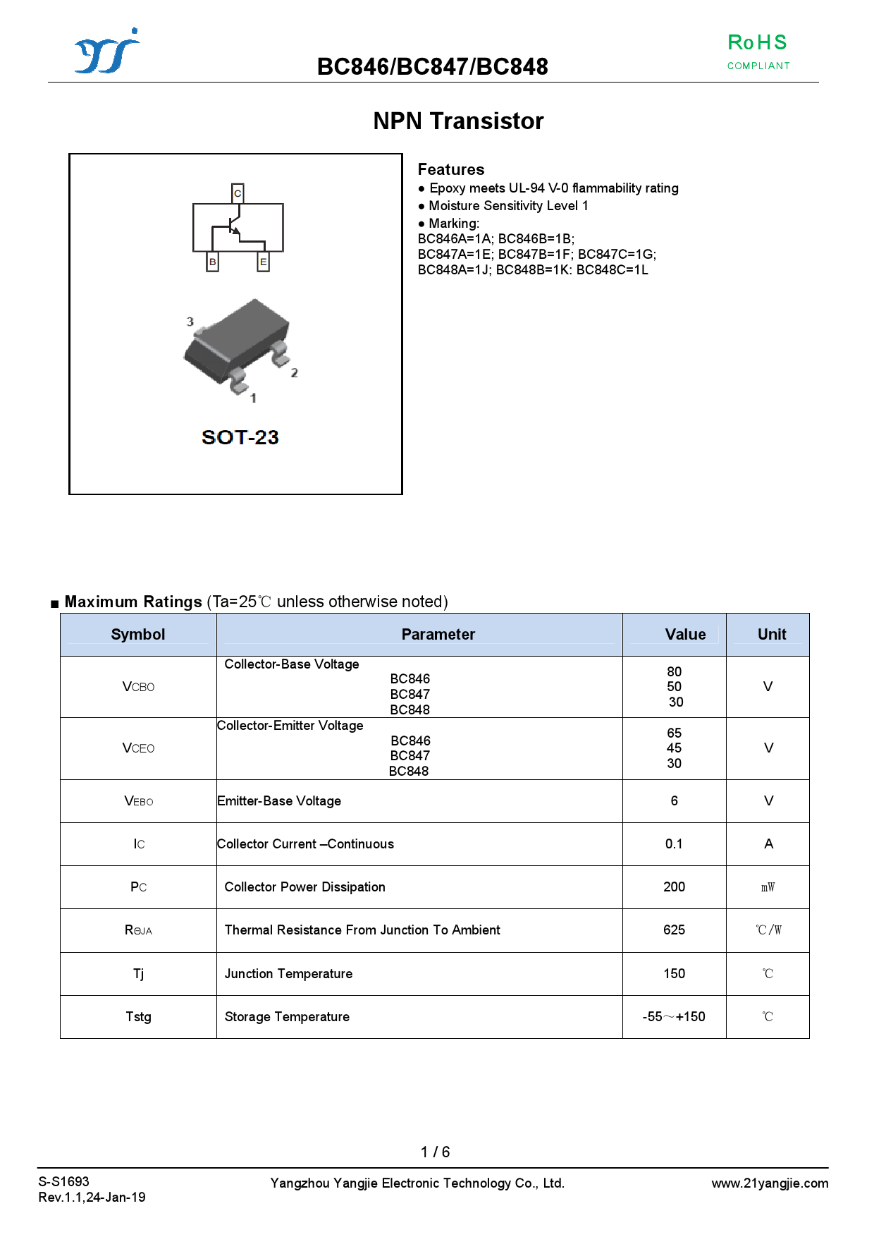 BC847A_（YANGJIE(扬杰)）BC847A中文资料_价格_PDF手册-立创电子商城