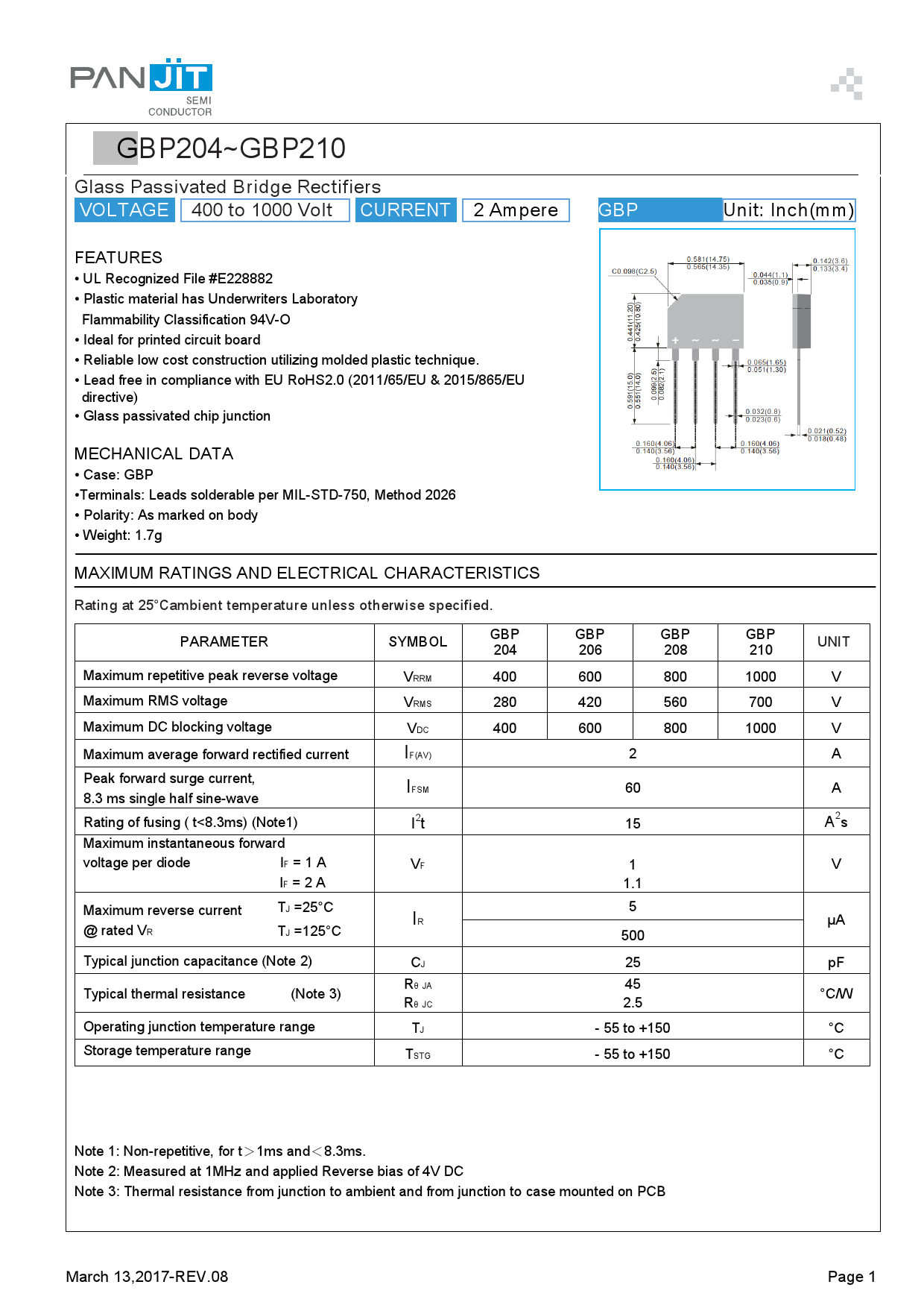 GBP210_B0_10001_（PANJIT(强茂)）GBP210_B0_10001中文资料_价格_PDF手册-立创电子商城