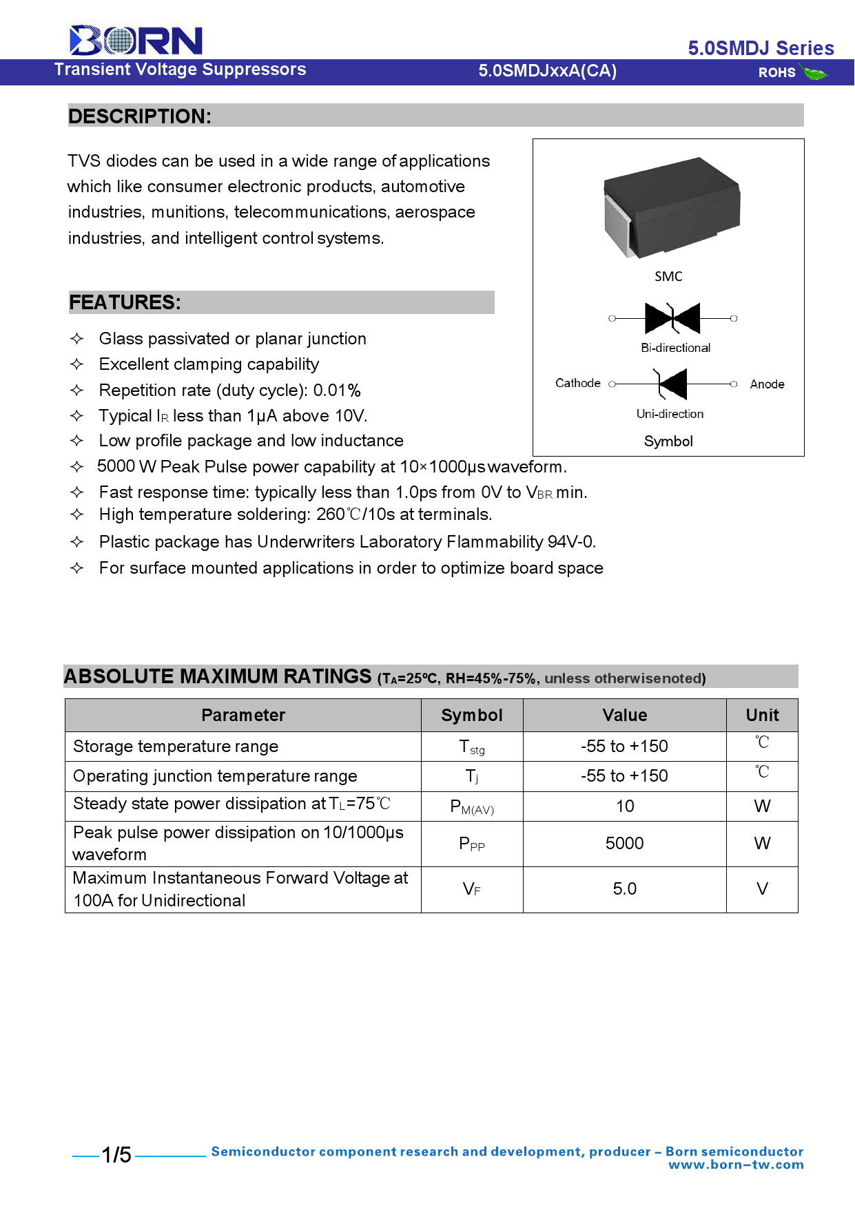 5.0SMDJ33CA_（BORN(伯恩半导体)）5.0SMDJ33CA中文资料_价格_PDF手册-立创电子商城