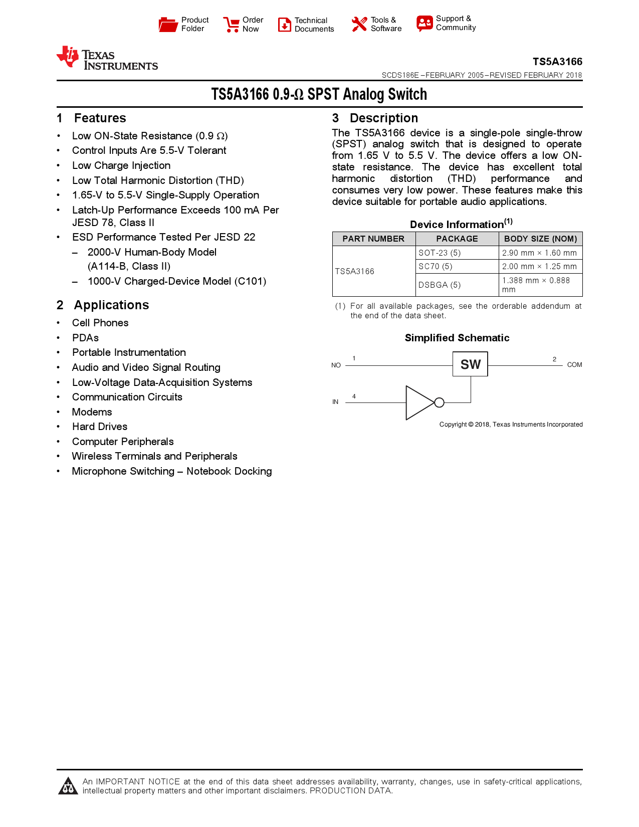 TS5A3166DBVR_（TI(德州仪器)）TS5A3166DBVR中文资料_价格_PDF手册-立创电子商城