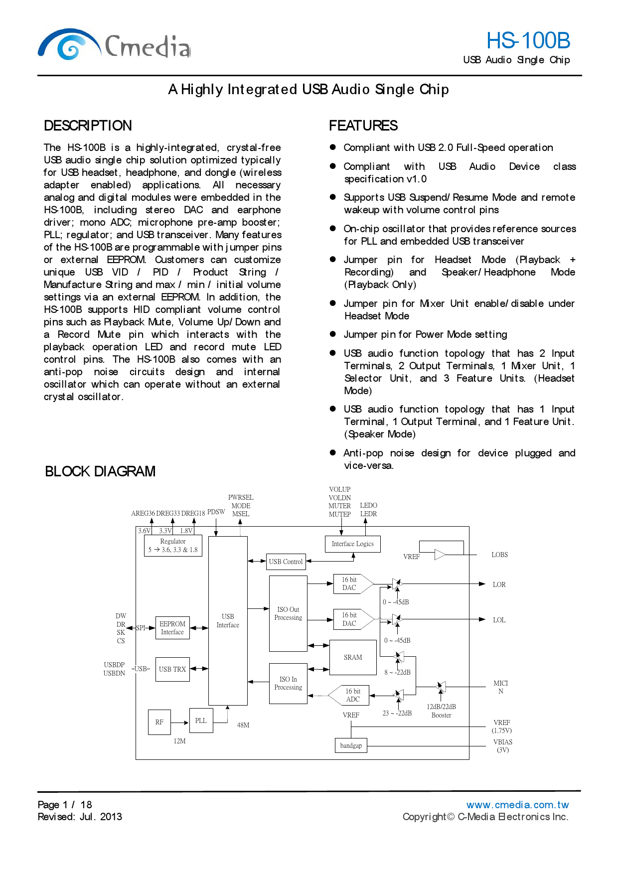 HS-100B_（Cmedia(骅讯)）HS-100B中文资料_价格_PDF手册-立创电子商城