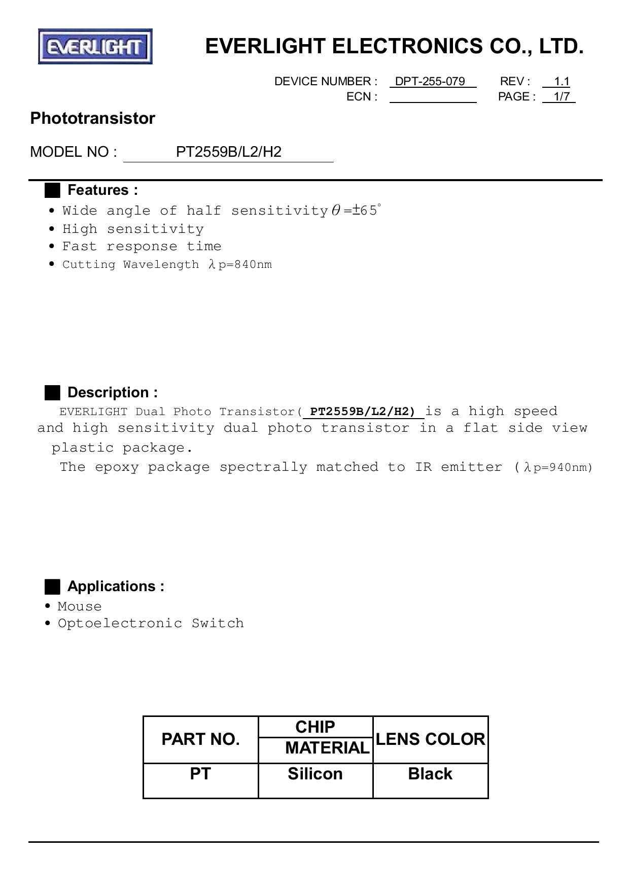 PT2559B/L2/H2(A5)_（EVERLIGHT(亿光)）PT2559B/L2/H2(A5)中文资料_价格_PDF手册-立创电子商城