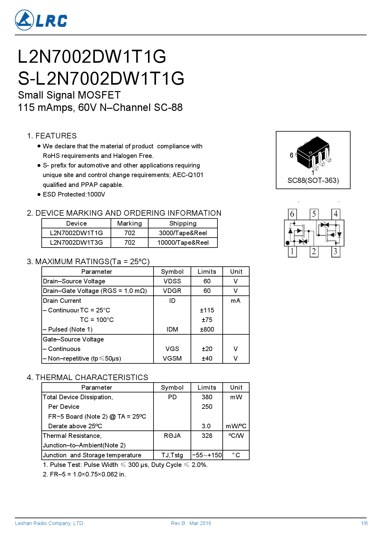 L2N7002DW1T1G_（LRC(乐山无线电)）L2N7002DW1T1G中文资料_价格_PDF手册-立创电子商城