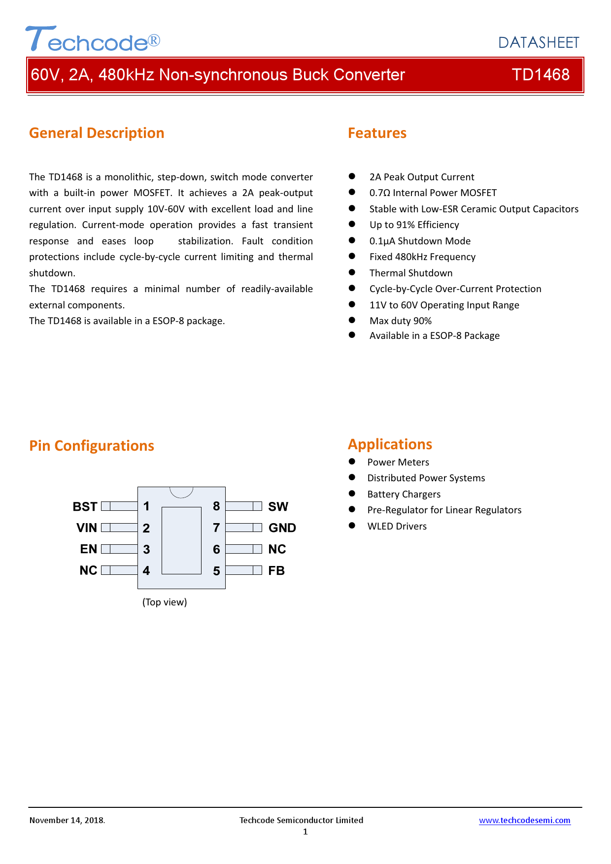 TD1468_（Techcode(泰德)）TD1468中文资料_价格_PDF手册-立创电子商城