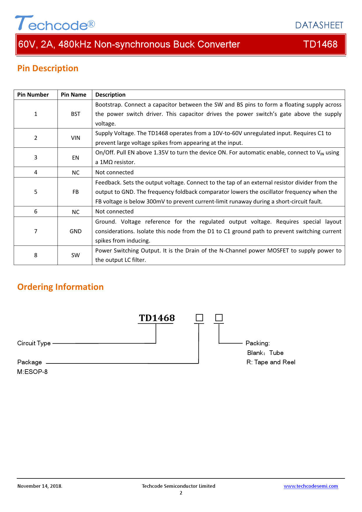 TD1468_（Techcode(泰德)）TD1468中文资料_价格_PDF手册-立创电子商城