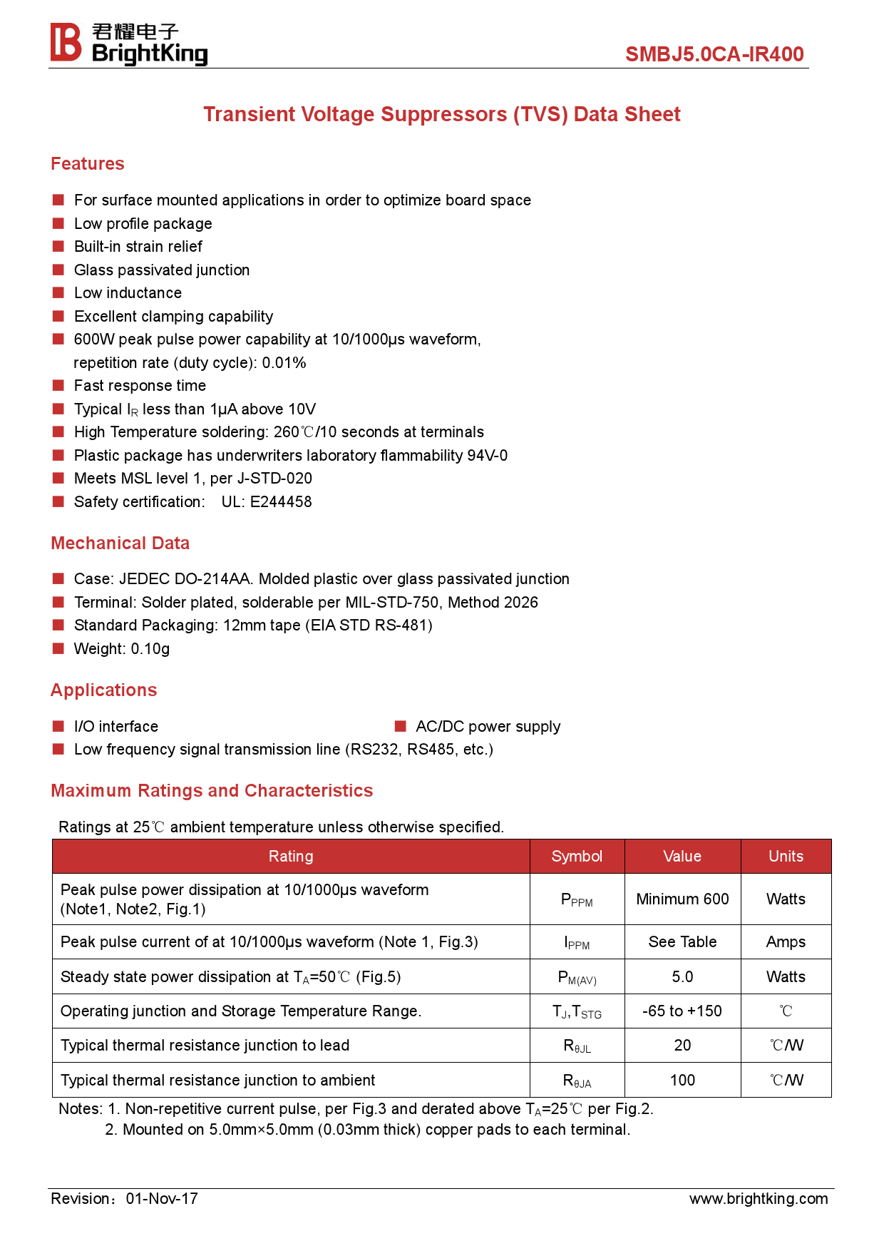 SMBJ5.0CA-IR400/TR13_（Brightking(台湾君耀)）SMBJ5.0CA-IR400/TR13中文资料_价格_PDF手册-立创电子商城