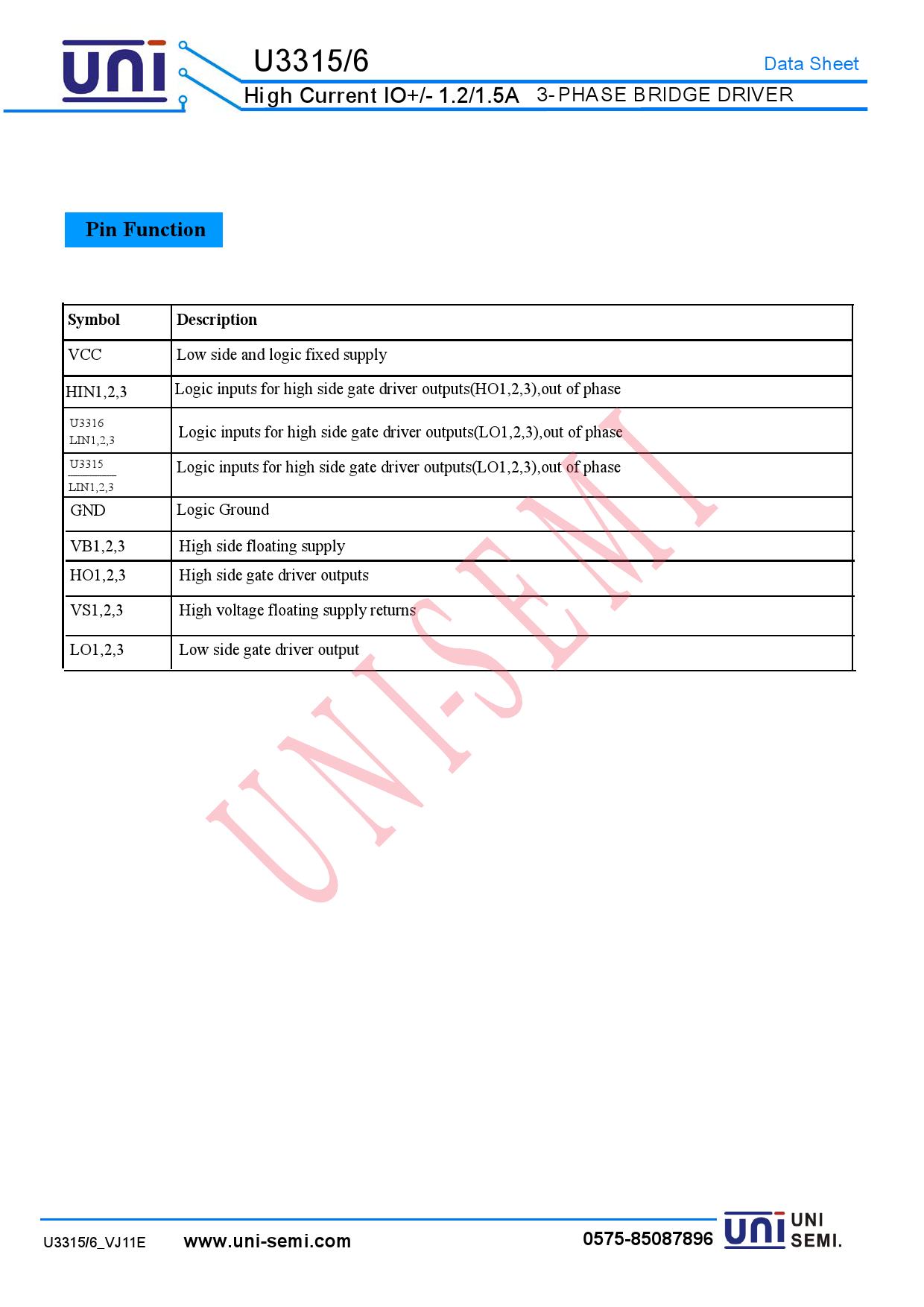 U3315_（UNI-SEMI(宇力半导体)）U3315中文资料_价格_PDF手册-立创电子商城