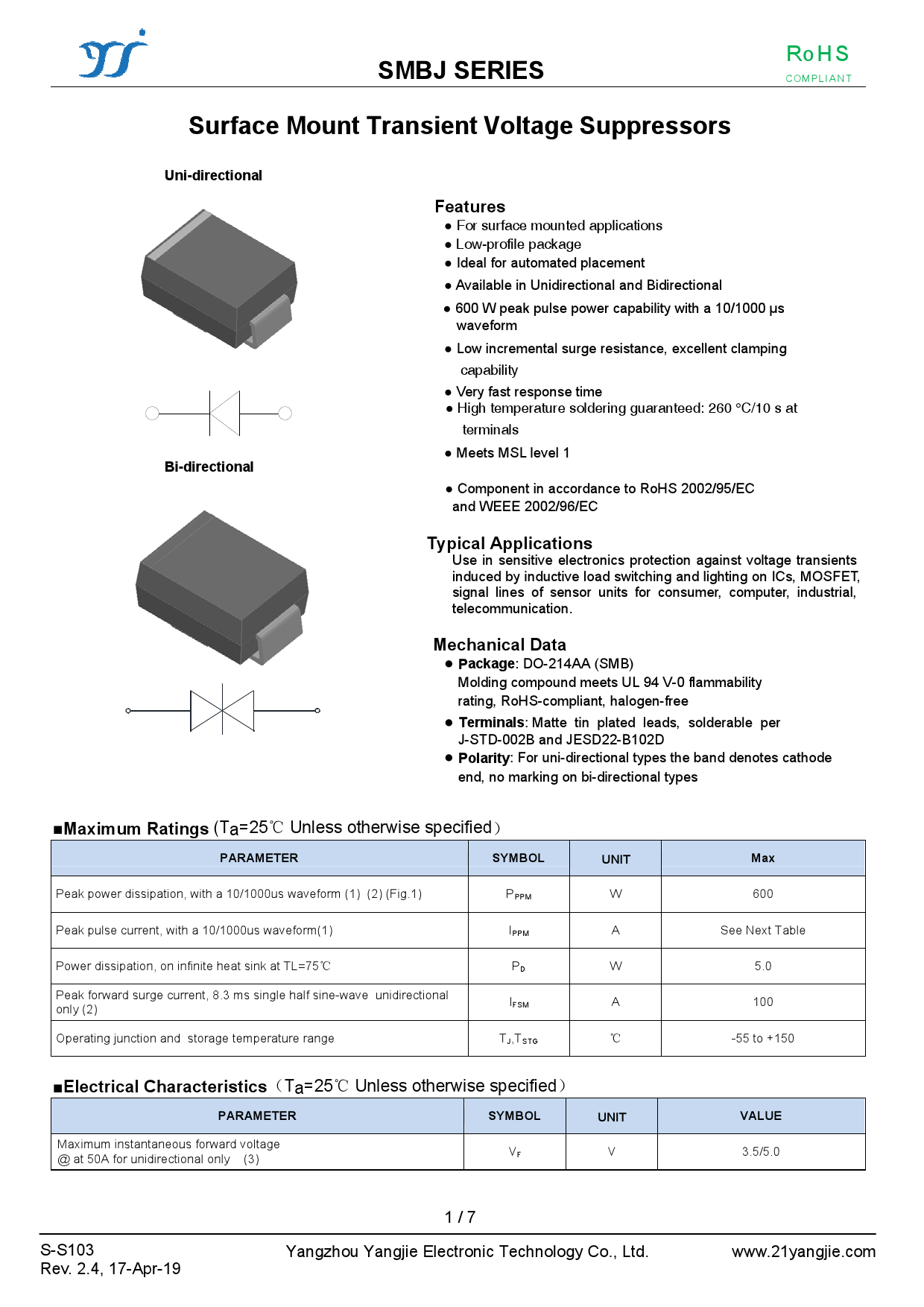 SMBJ26A_（YANGJIE(扬杰)）SMBJ26A中文资料_价格_PDF手册-立创电子商城