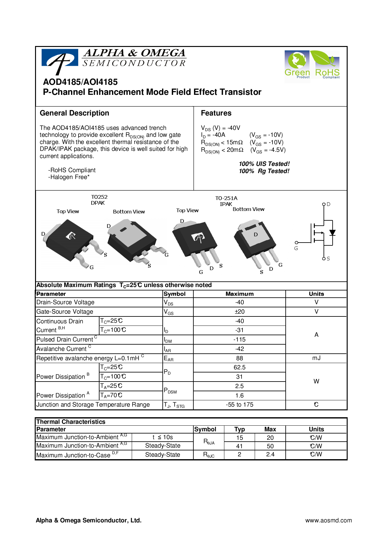 AOD4185_（AOS）AOD4185中文资料_价格_PDF手册-立创电子商城