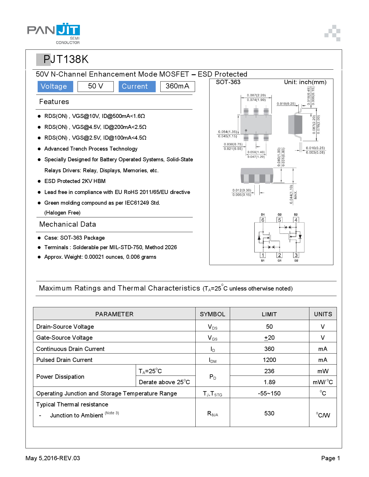 PJT138K_R1_00001_（PANJIT(强茂)）PJT138K_R1_00001中文资料_价格_PDF手册-立创电子商城