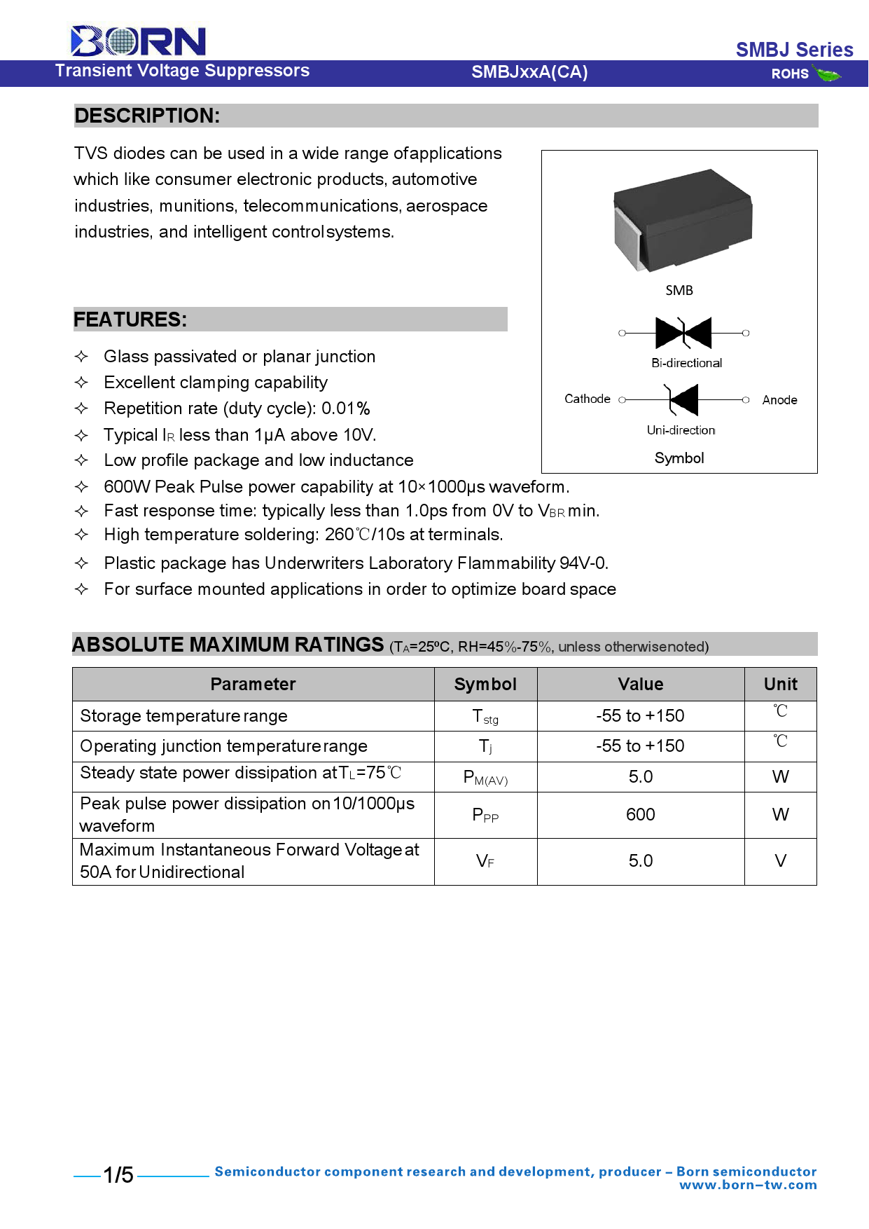 SMBJ16CA_（BORN伯恩半导体）SMBJ16CA中文资料_价格_PDF手册-立创电子商城