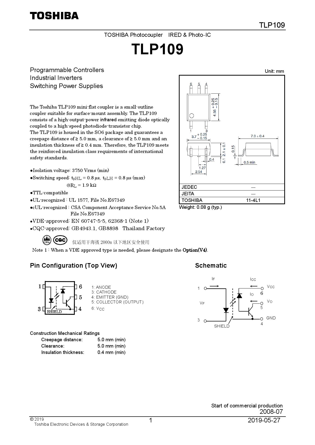 TLP109(TPL,E_（TOSHIBA(东芝)）TLP109(TPL,E中文资料_价格_PDF手册-立创电子商城