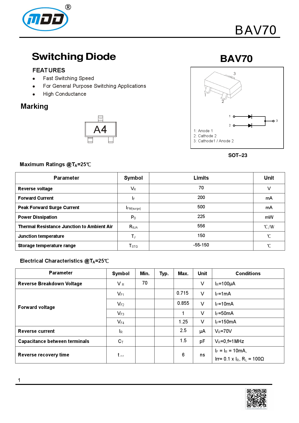 BAV70_（MDD）BAV70中文资料_价格_PDF手册-立创电子商城