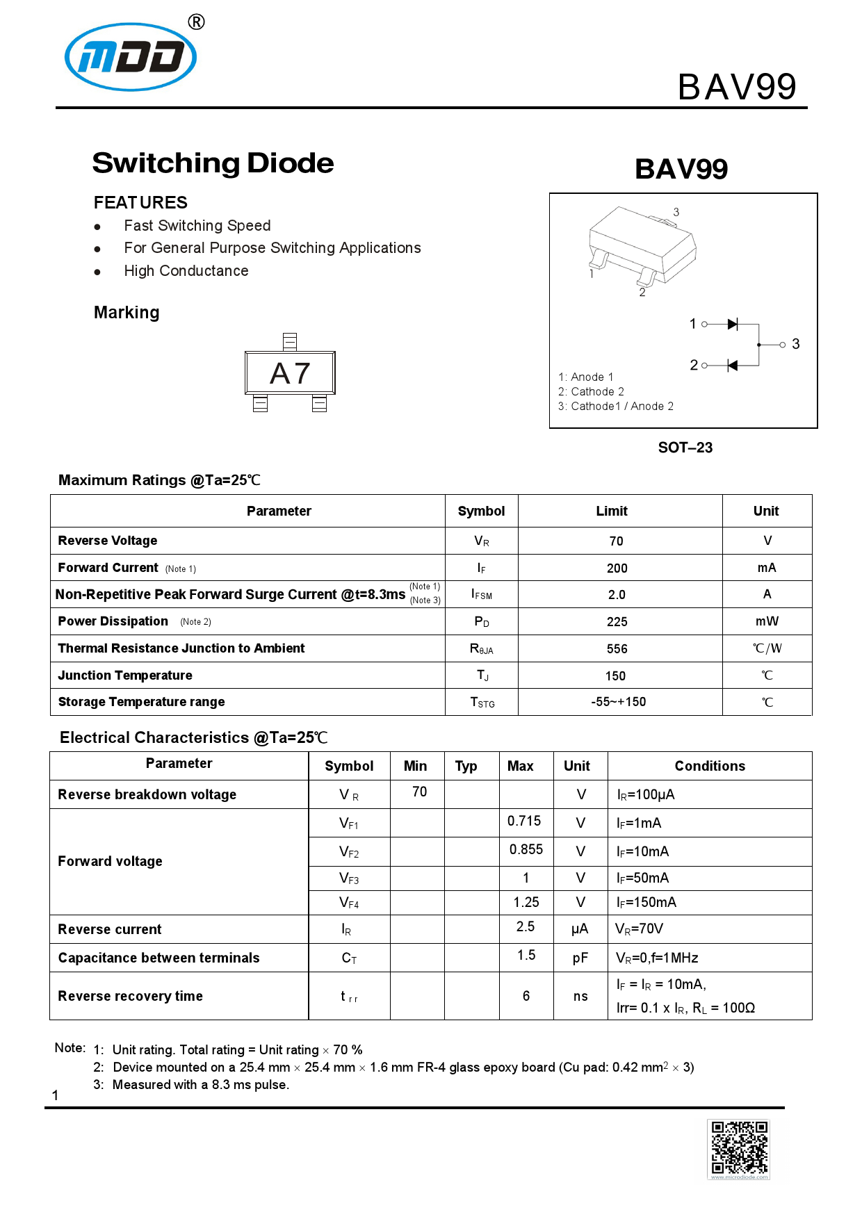 BAV99_（MDD）BAV99中文资料_价格_PDF手册-立创电子商城