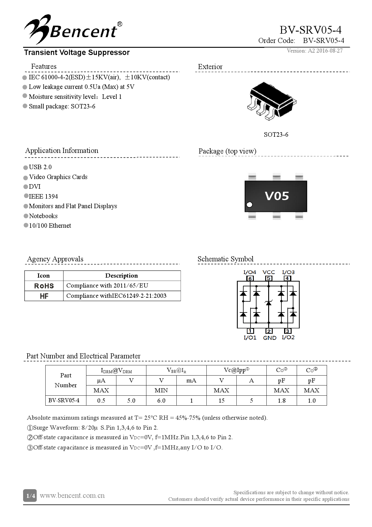 BV-SRV05-4_（Bencent(槟城)）BV-SRV05-4中文资料_价格_PDF手册-立创电子商城