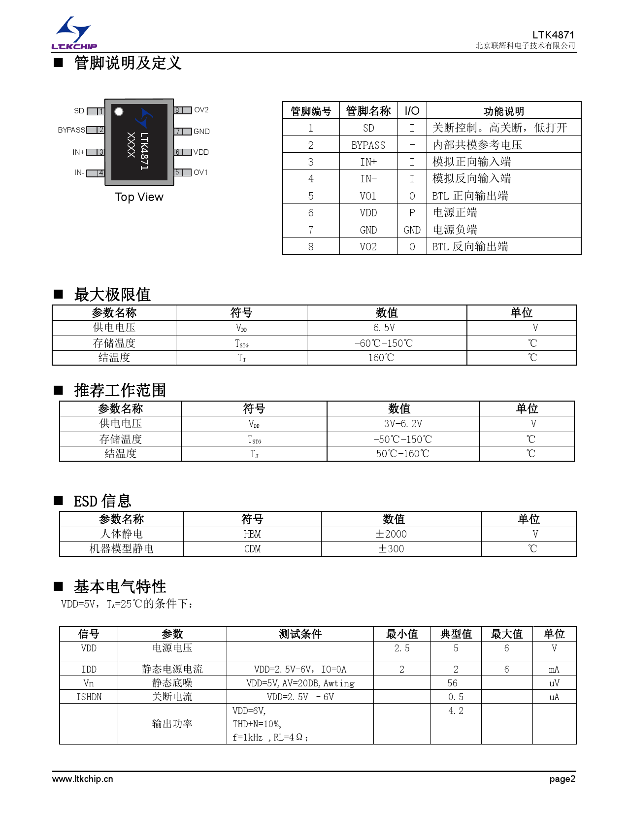 LTK4871_（LTKCHIP(联辉科)）LTK4871中文资料_价格_PDF手册-立创电子商城