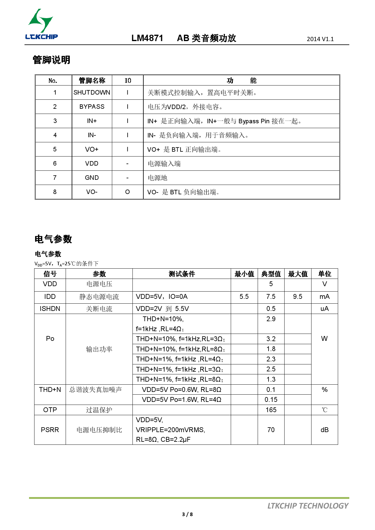 LM4871_（LTKCHIP(联辉科)）LM4871中文资料_价格_PDF手册-立创电子商城