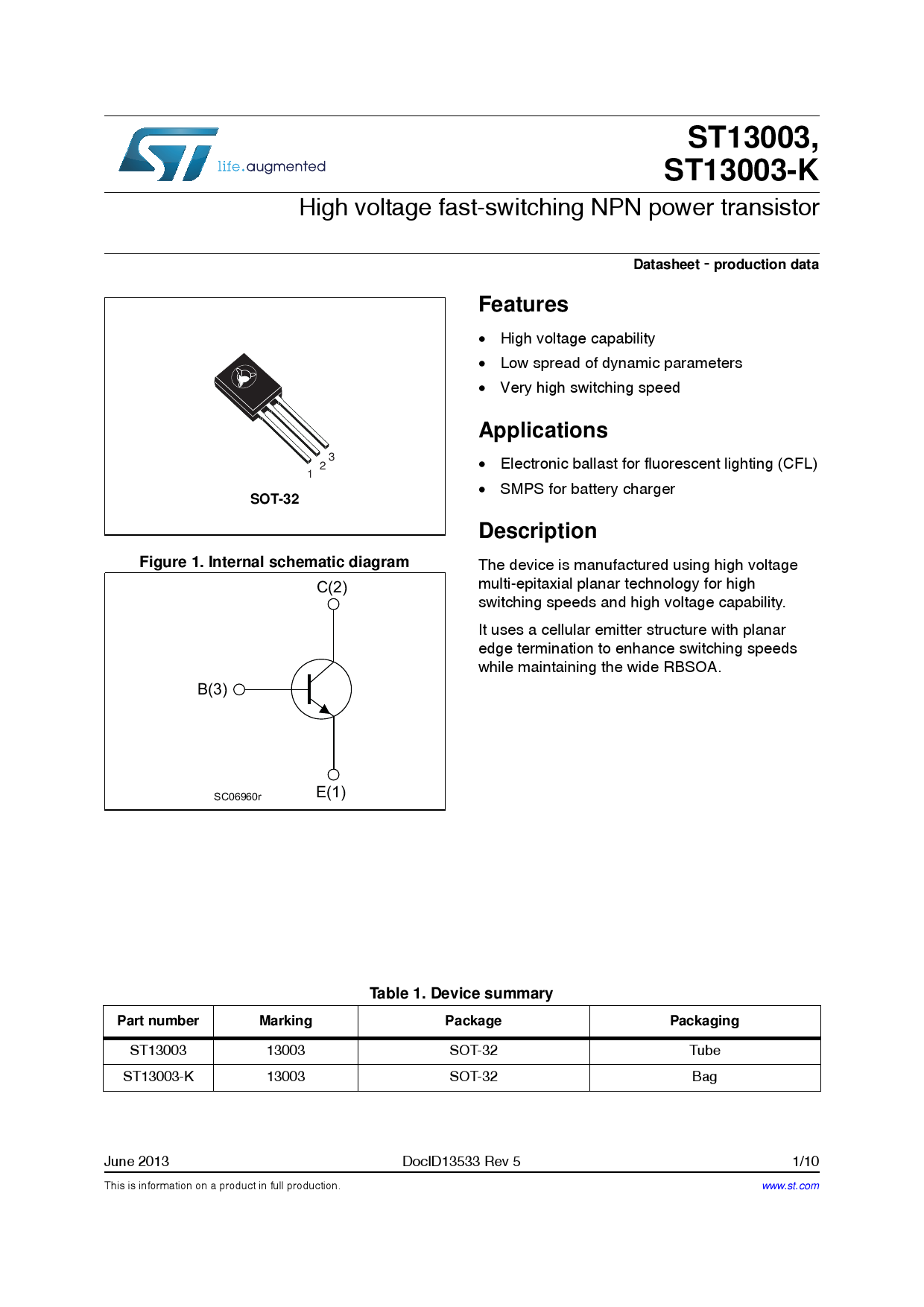 ST13003_（ST(意法半导体)）ST13003中文资料_价格_PDF手册-立创电子商城
