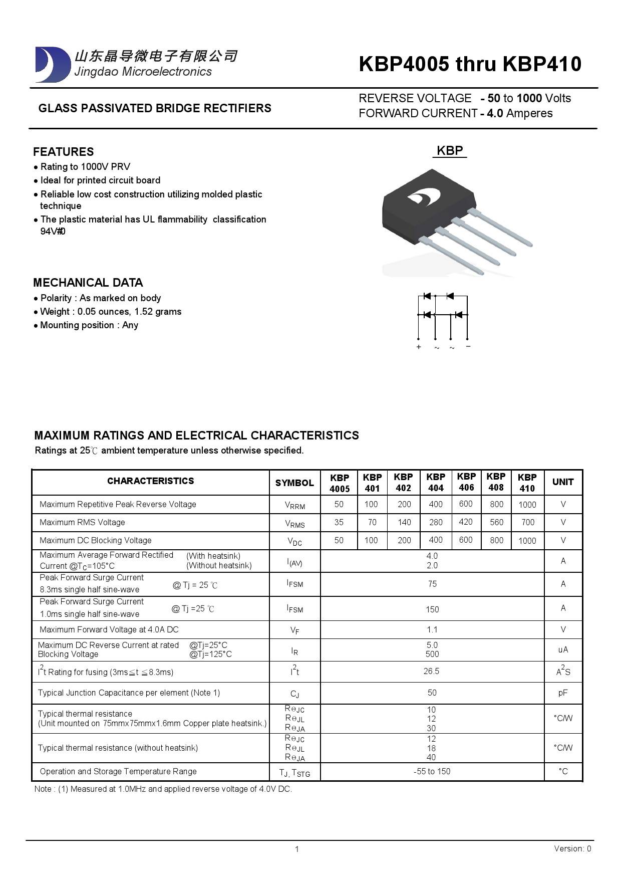 KBP410_（晶导微电子）KBP410中文资料_价格_PDF手册-立创电子商城