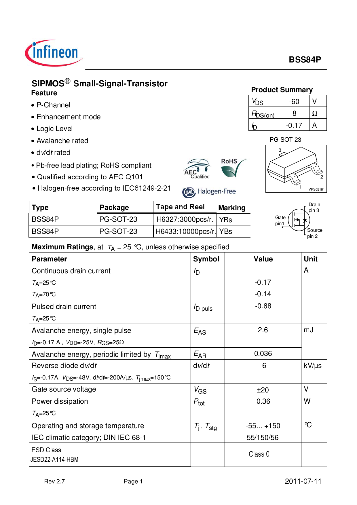 BSS84P H6327_（Infineon(英飞凌)）BSS84P H6327中文资料_价格_PDF手册-立创电子商城