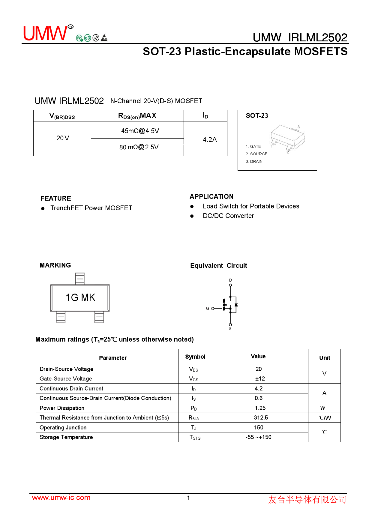 IRLML2502_（UMW(友台半导体)）IRLML2502中文资料_价格_PDF手册-立创电子商城
