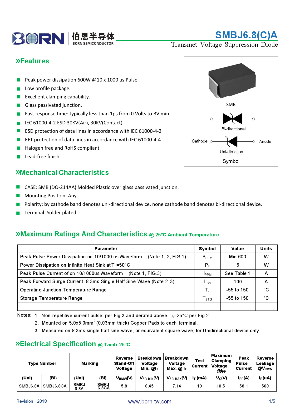 SMBJ6.8CA_（BORN(伯恩半导体)）SMBJ6.8CA中文资料_价格_PDF手册-立创电子商城