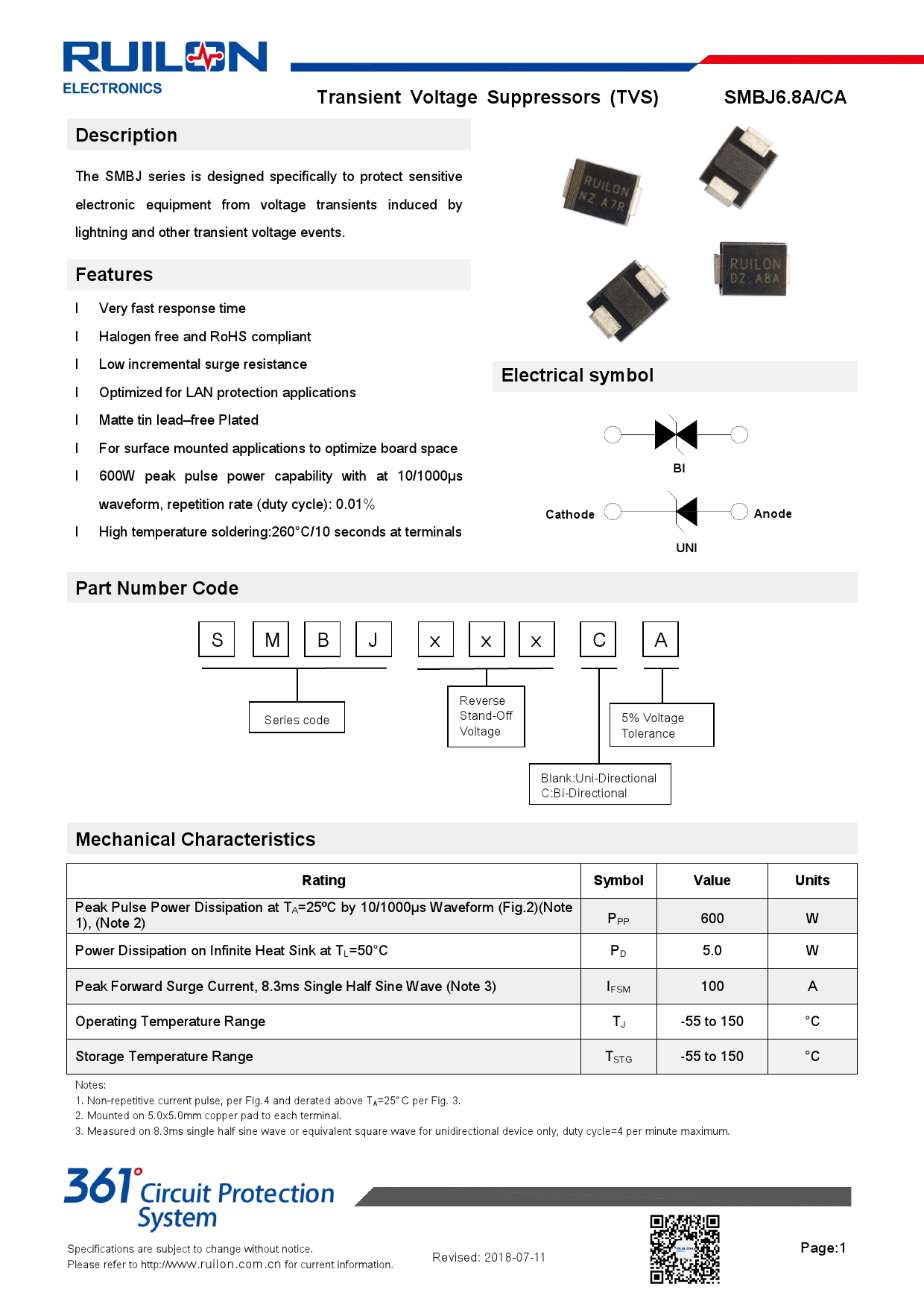 SMBJ6.8CA_（RUILON(瑞隆源)）SMBJ6.8CA中文资料_价格_PDF手册-立创电子商城