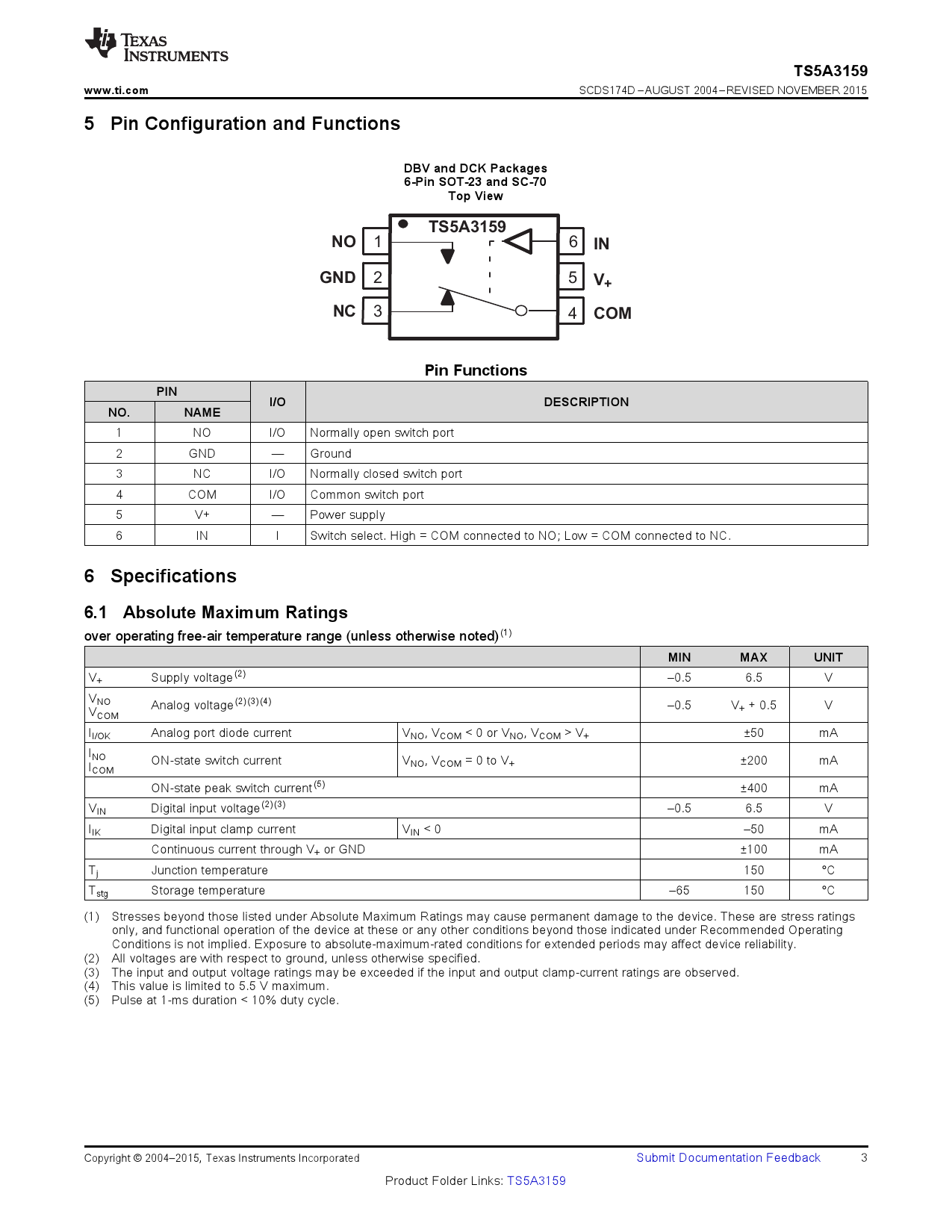 TS5A3159DBVR_（TI(德州仪器)）TS5A3159DBVR中文资料_价格_PDF手册-立创电子商城