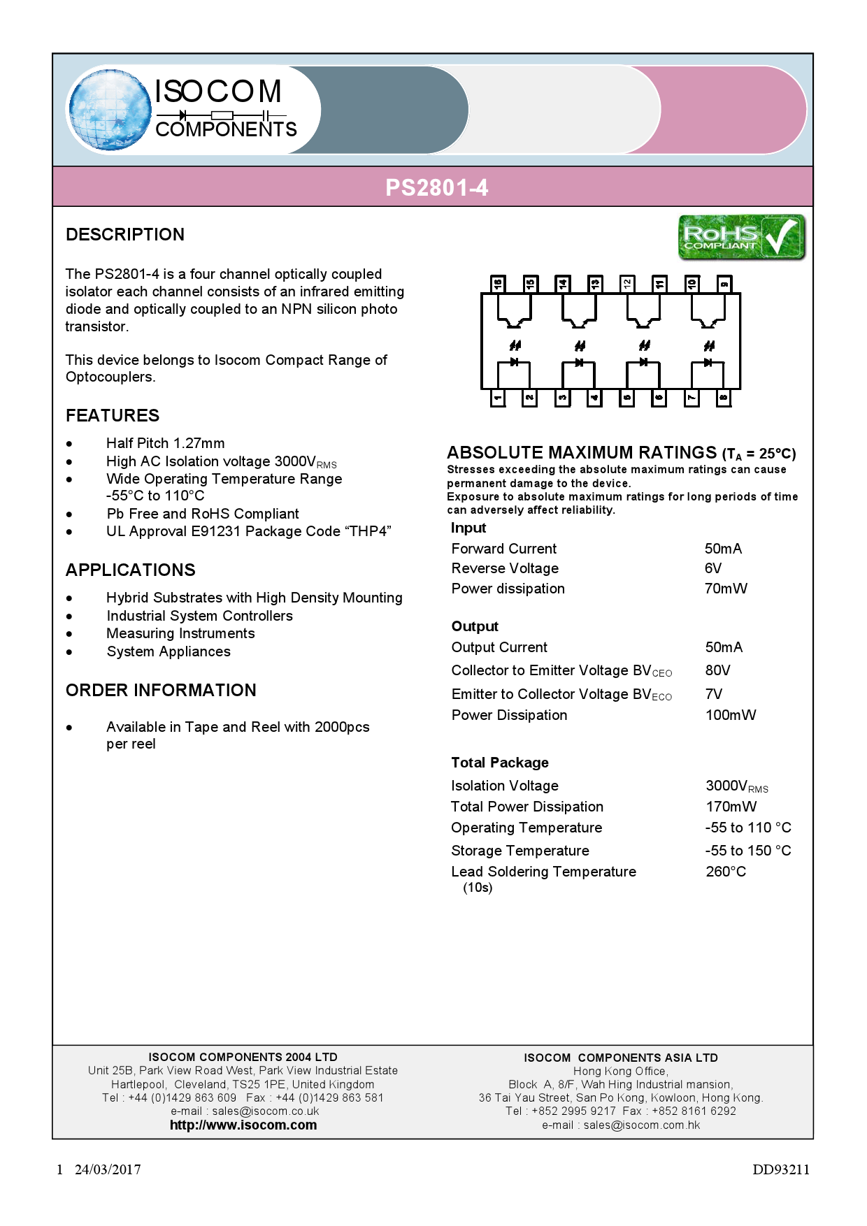PS2801-4_（ISOCOM(英国安数光)）PS2801-4中文资料_价格_PDF手册-立创电子商城