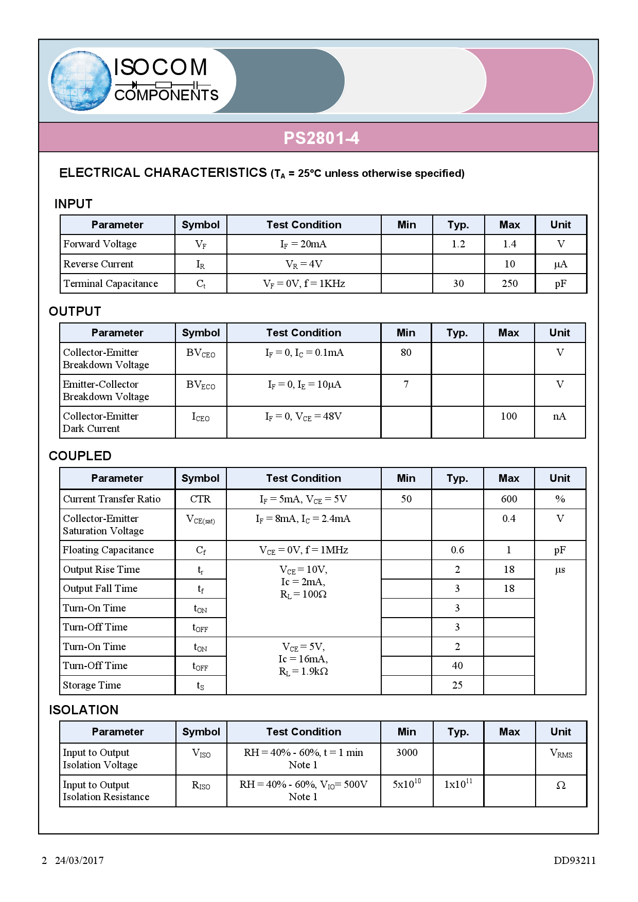 PS2801-4_（ISOCOM(英国安数光)）PS2801-4中文资料_价格_PDF手册-立创电子商城