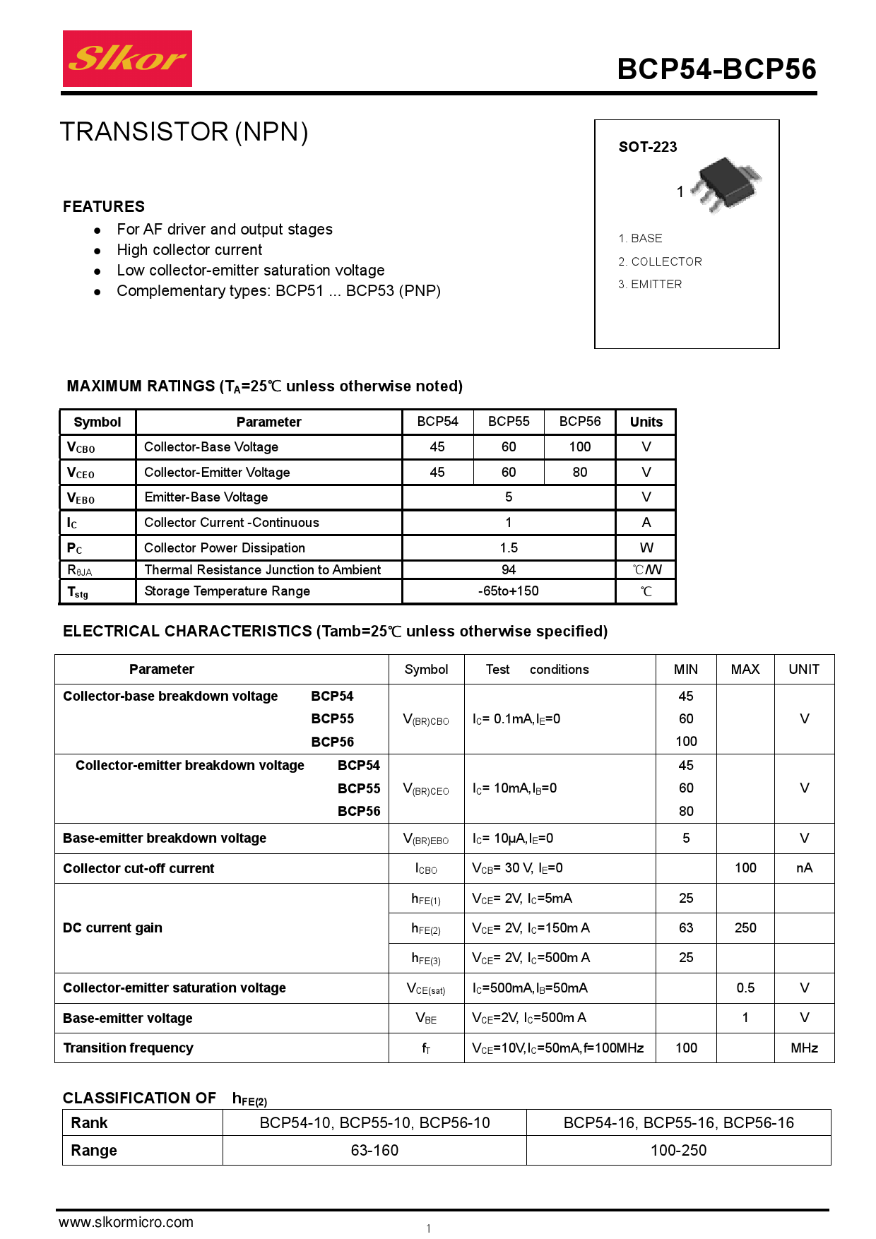 BCP56-16_（Slkor(萨科微)）BCP56-16中文资料_价格_PDF手册-立创电子商城