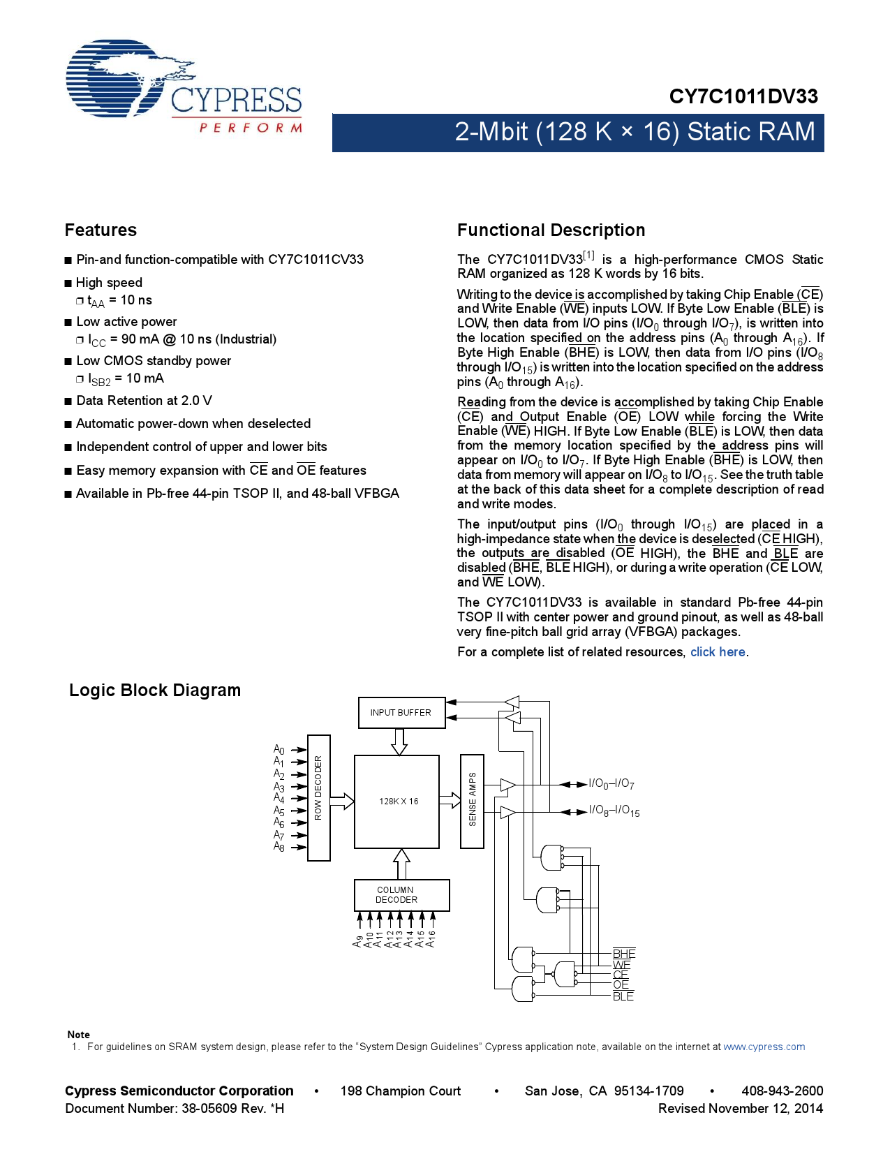 CY7C1011DV33-10ZSXIT_（SPANSION(飞索)）CY7C1011DV33-10ZSXIT中文资料_价格_PDF手册-立创电子商城