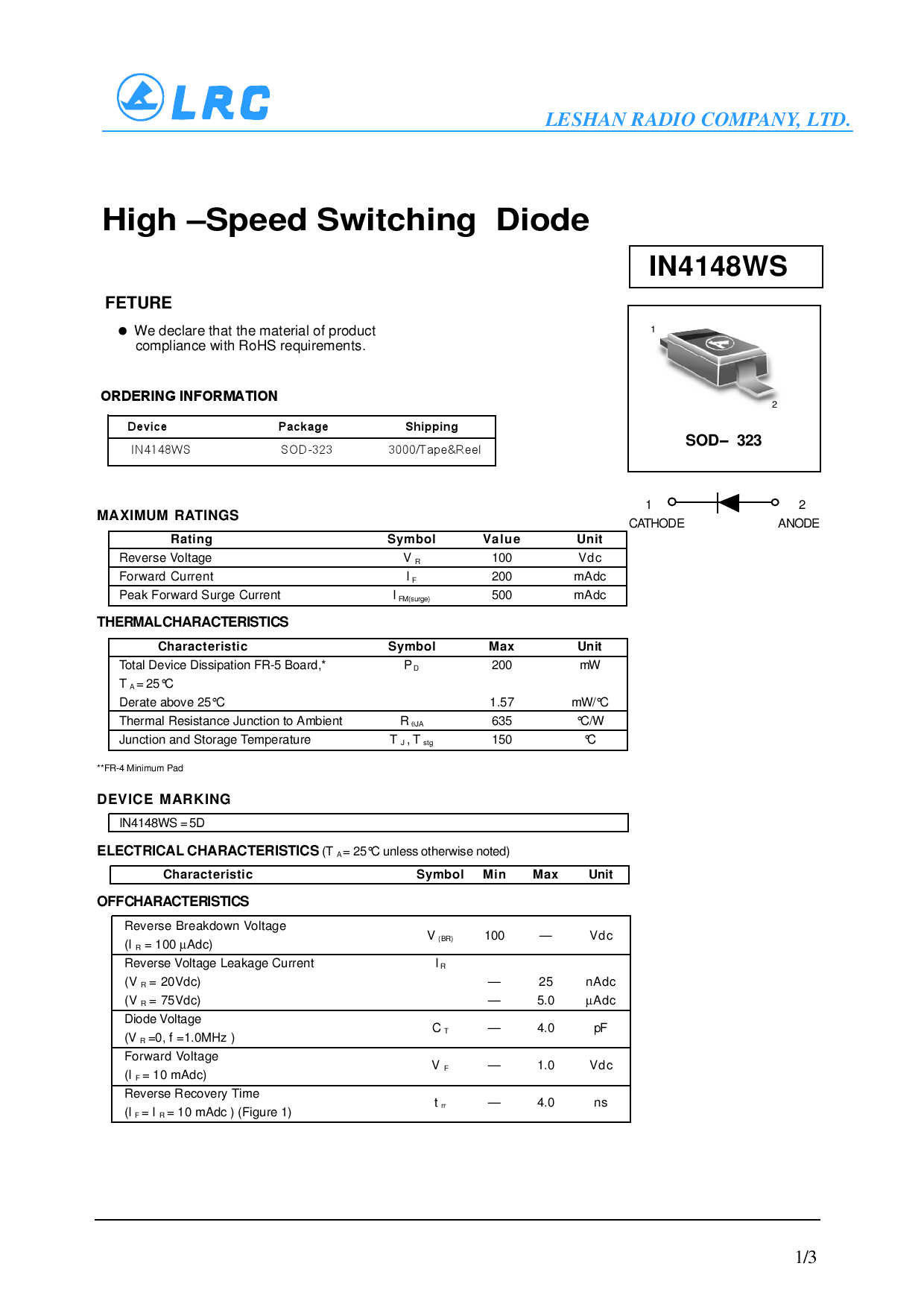 IN4148WS_（LRC(乐山无线电)）IN4148WS中文资料_价格_PDF手册-立创电子商城