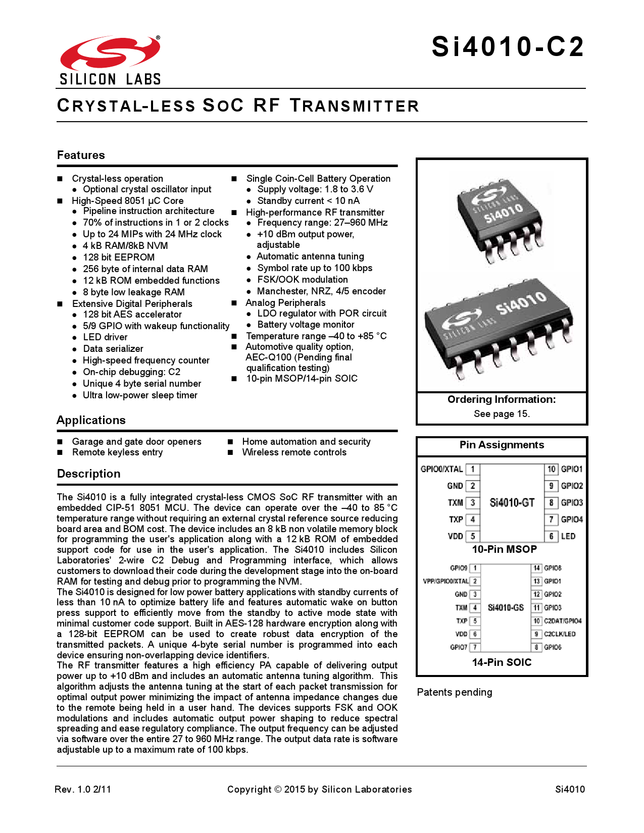 SI4010-C2-AT_（SILICON LABS(芯科)）SI4010-C2-AT中文资料_价格_PDF手册-立创电子商城