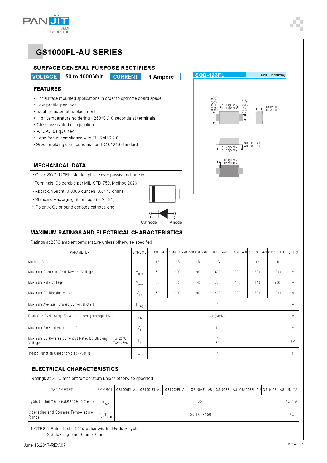 GS1010FL-AU_R1_000A1_（PANJIT(强茂)）GS1010FL-AU_R1_000A1中文资料_价格_PDF手册-立创电子商城