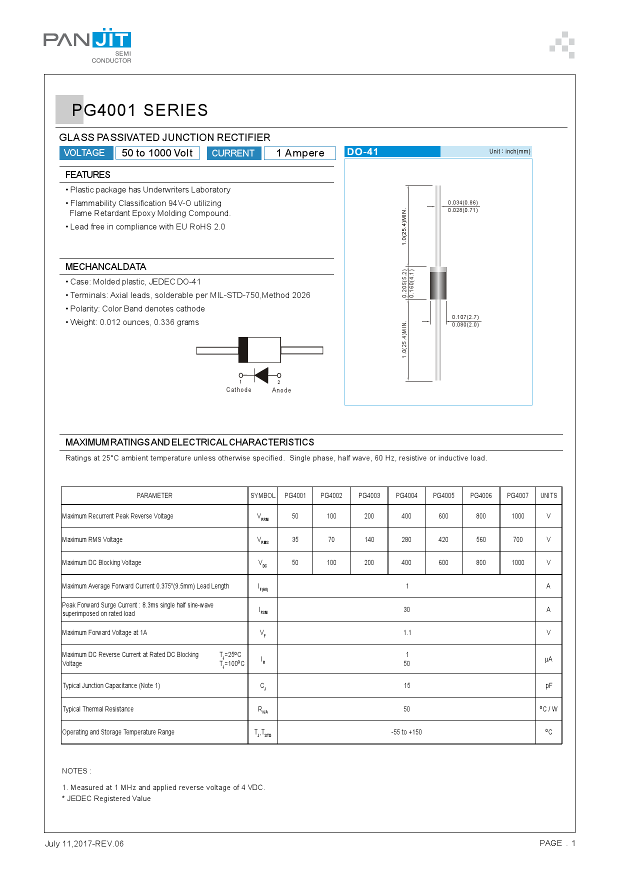 PG4007_AY_10001_（PANJIT(强茂)）PG4007_AY_10001中文资料_价格_PDF手册-立创电子商城