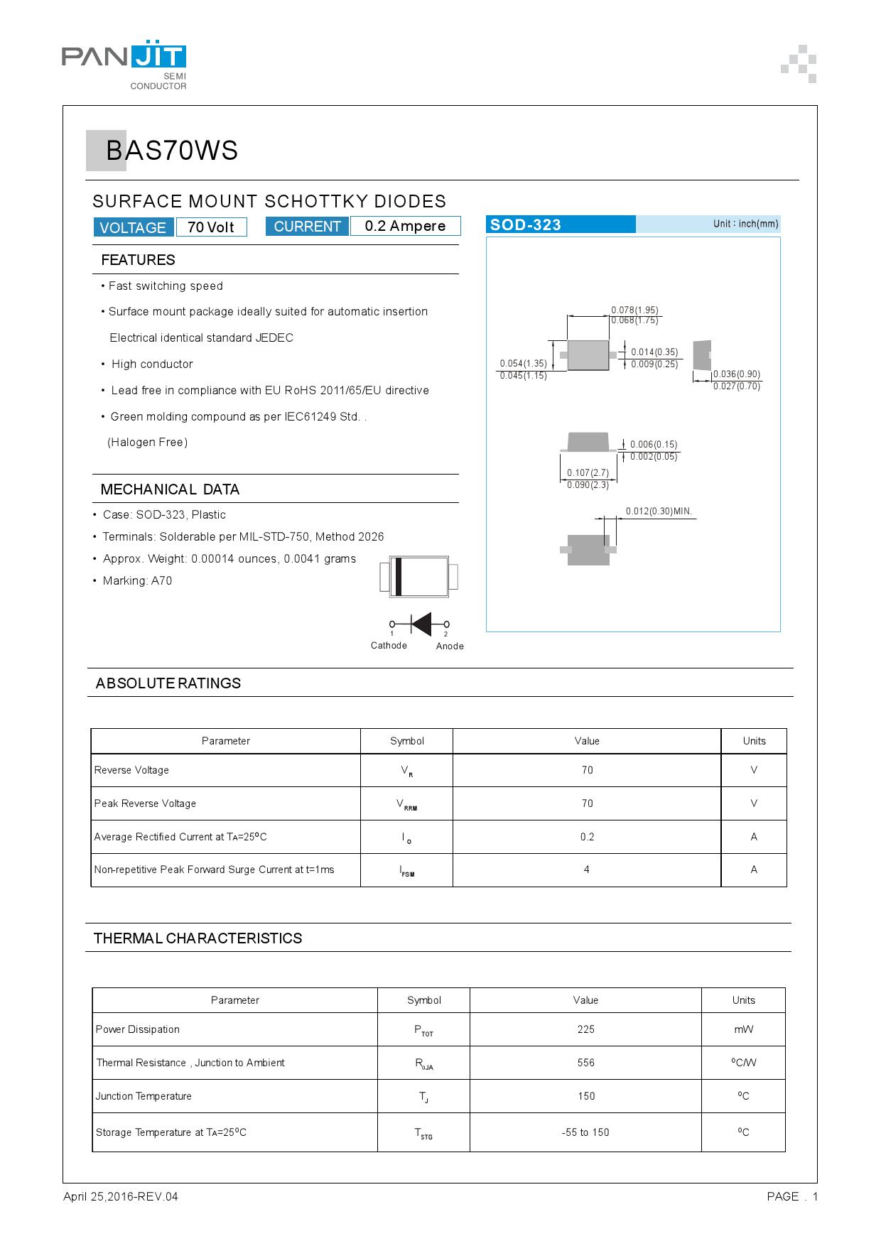 BAS70WS_R1_00001_（PANJIT(强茂)）BAS70WS_R1_00001中文资料_价格_PDF手册-立创电子商城