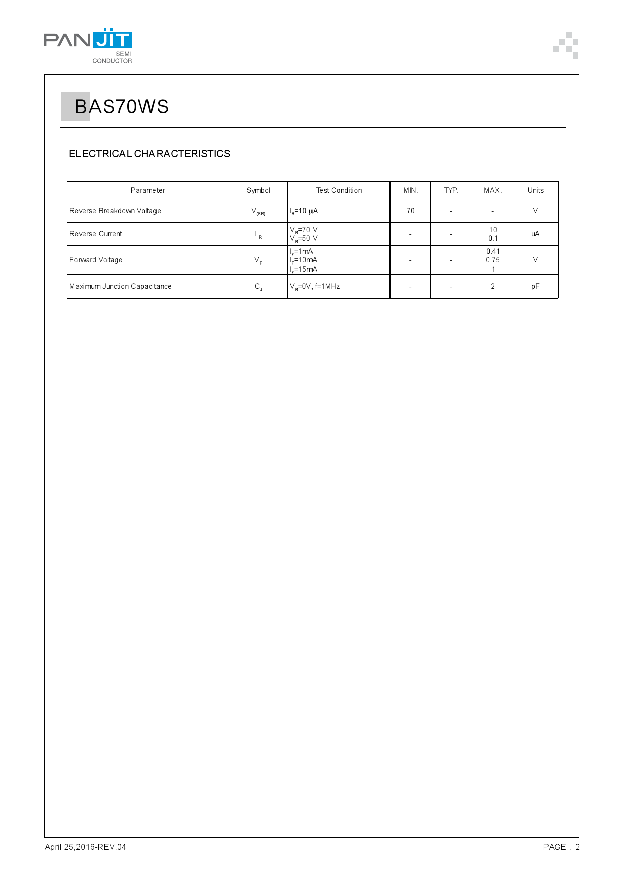 BAS70WS_R1_00001_（PANJIT(强茂)）BAS70WS_R1_00001中文资料_价格_PDF手册-立创电子商城