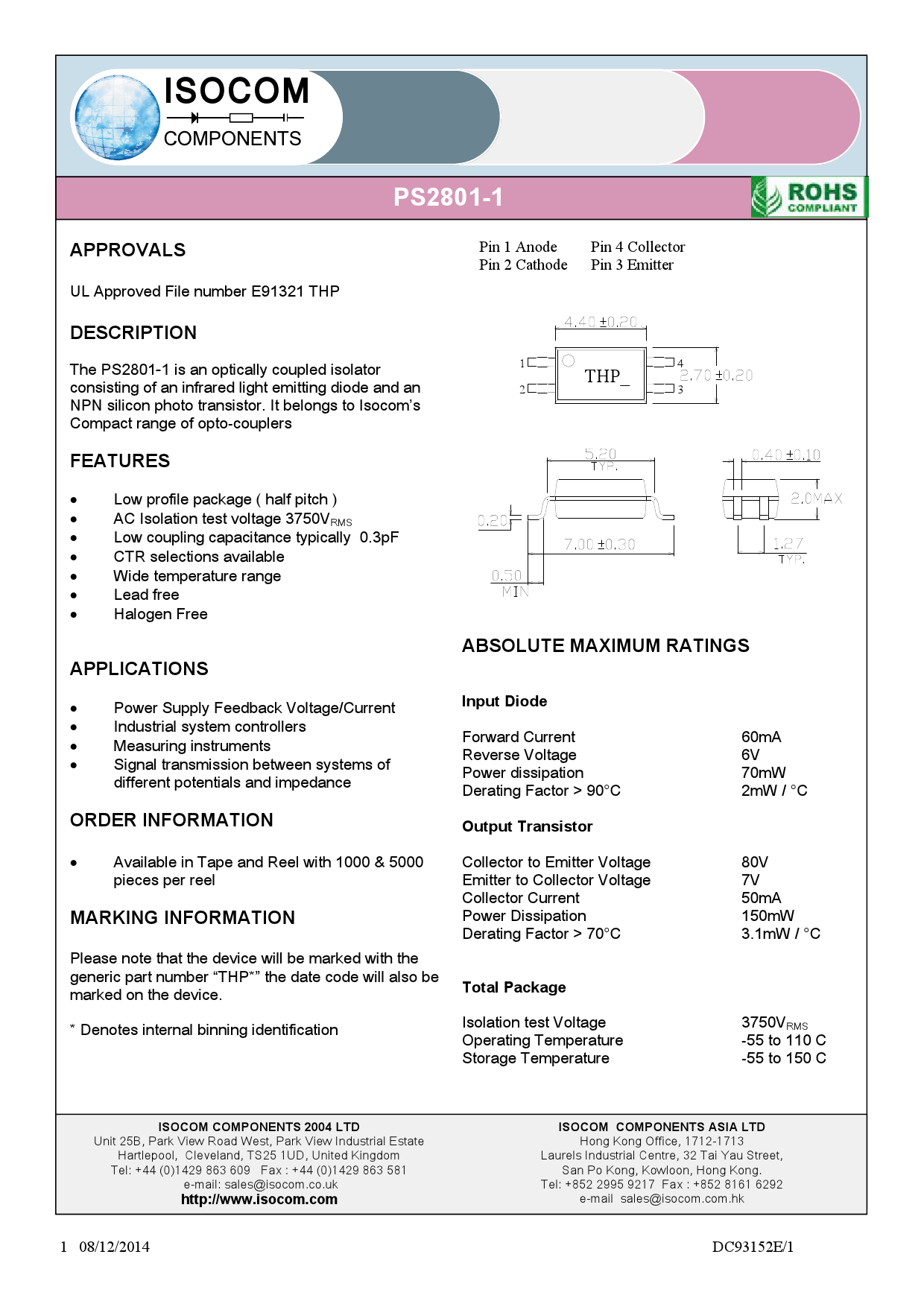 PS2801-1_（ISOCOM(英国安数光)）PS2801-1中文资料_价格_PDF手册-立创电子商城