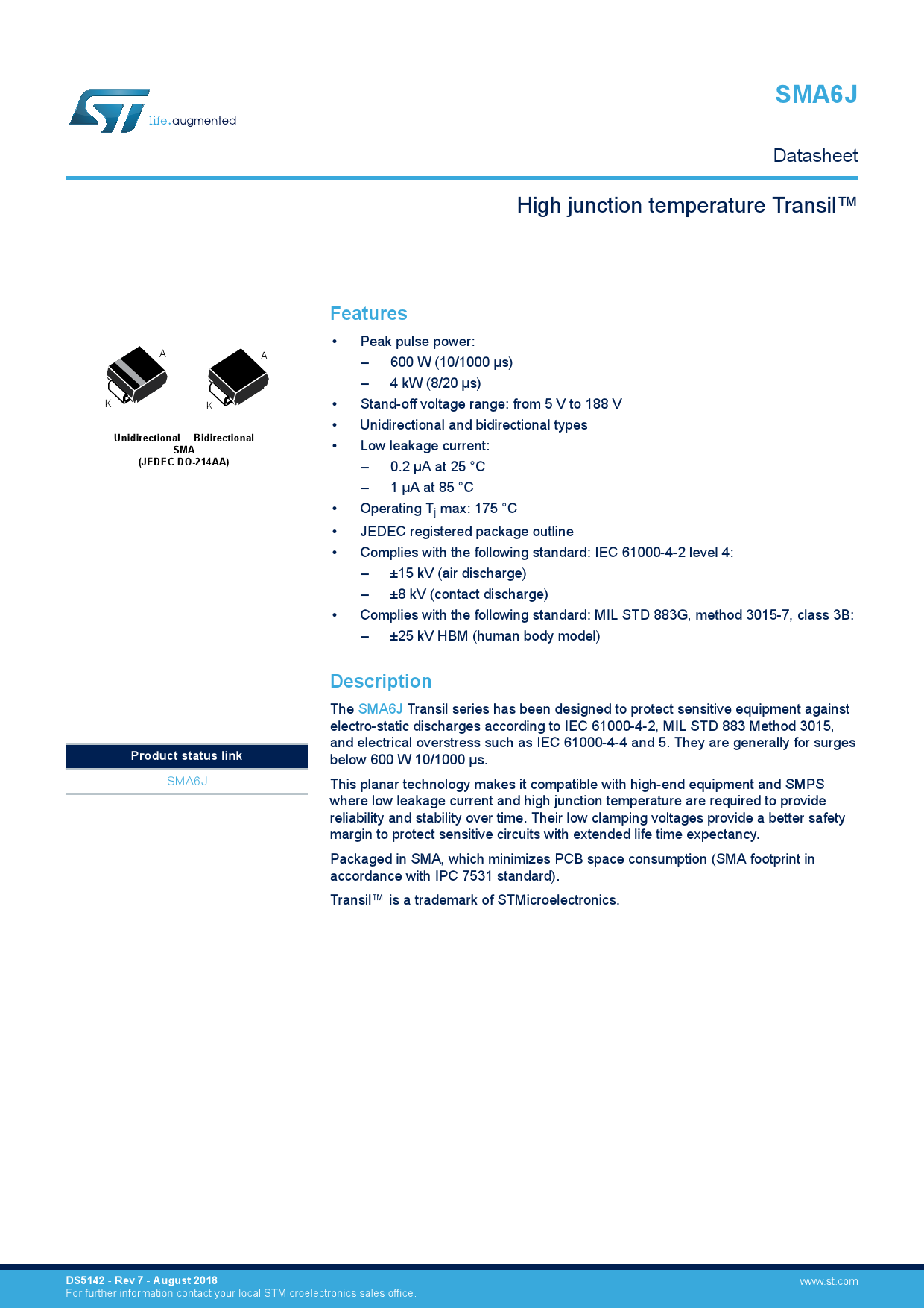 SMA6J33CA-TR_（ST(意法半导体)）SMA6J33CA-TR中文资料_价格_PDF手册-立创电子商城