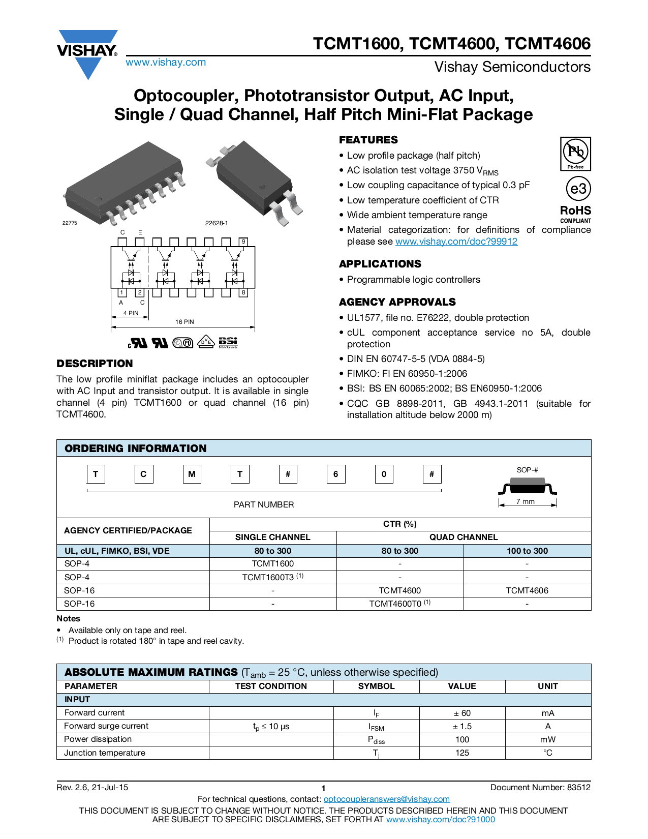 TCMT1600_（VISHAY(威世)）TCMT1600中文资料_价格_PDF手册-立创电子商城