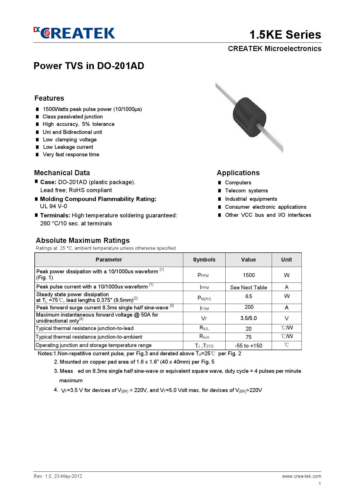 1.5KE20A_（CREATEK(达晶微)）1.5KE20A中文资料_价格_PDF手册-立创电子商城