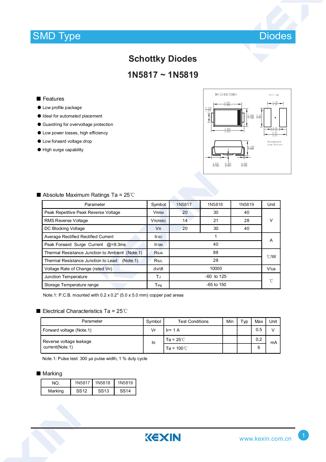 1N5819_（KEXIN(科信)）1N5819中文资料_价格_PDF手册-立创电子商城