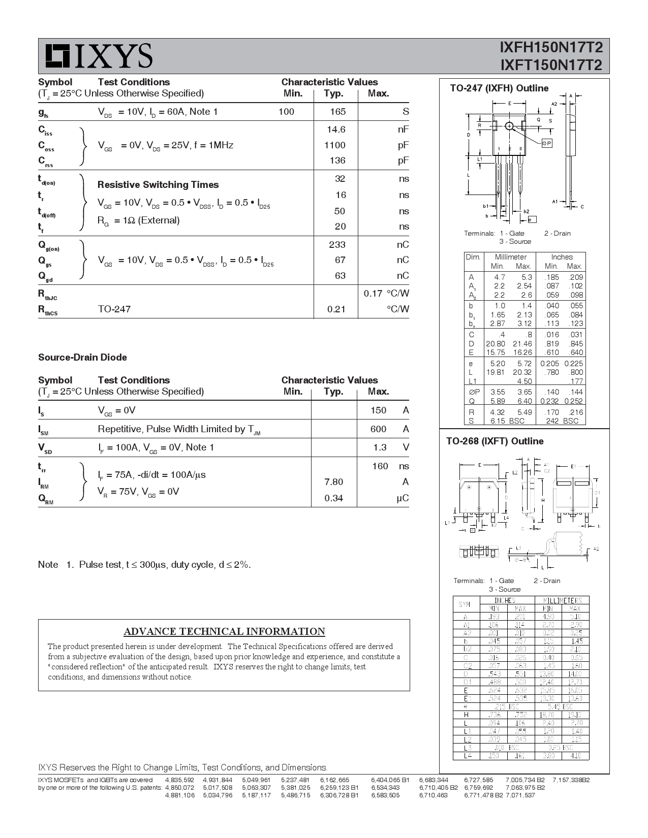 IXFH150N17T2_（IXYS）IXFH150N17T2中文资料_价格_PDF手册-立创电子商城