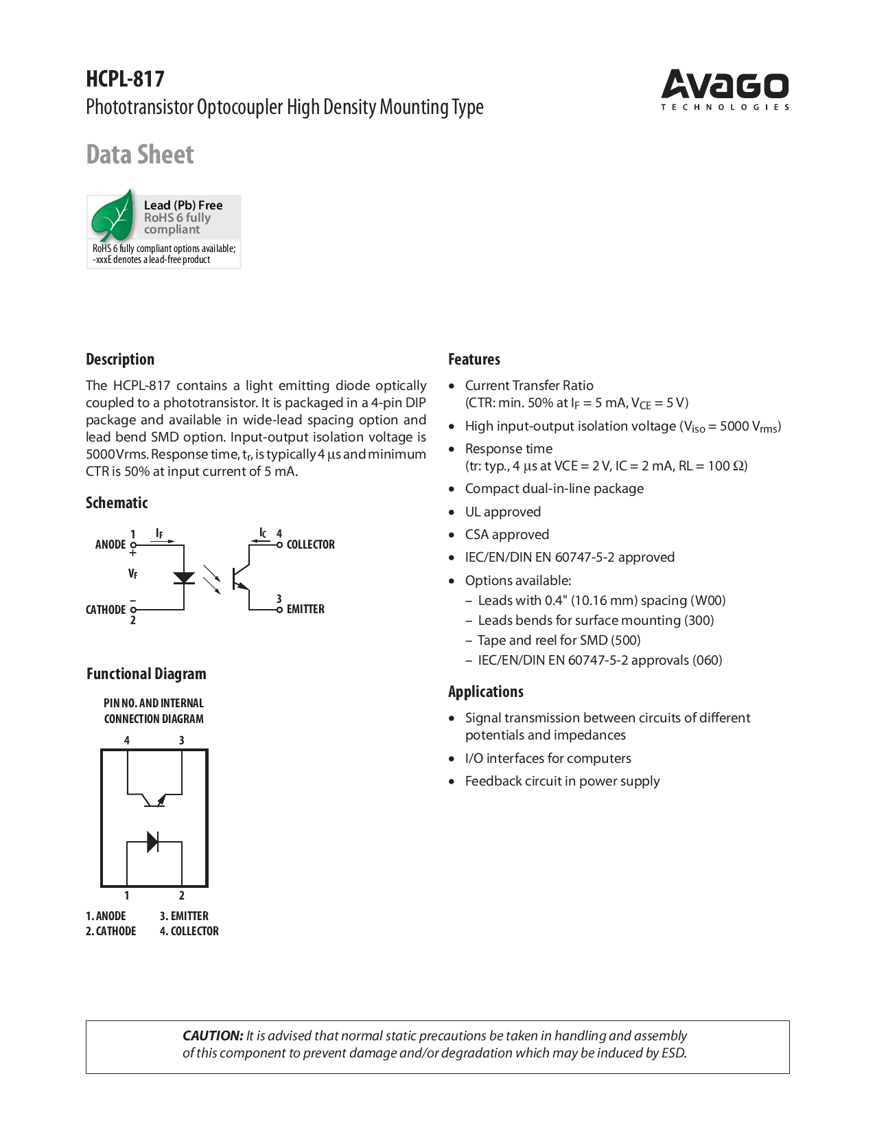 HCPL-817-500E_（AVAGO(安华高)）HCPL-817-500E中文资料_价格_PDF手册-立创电子商城